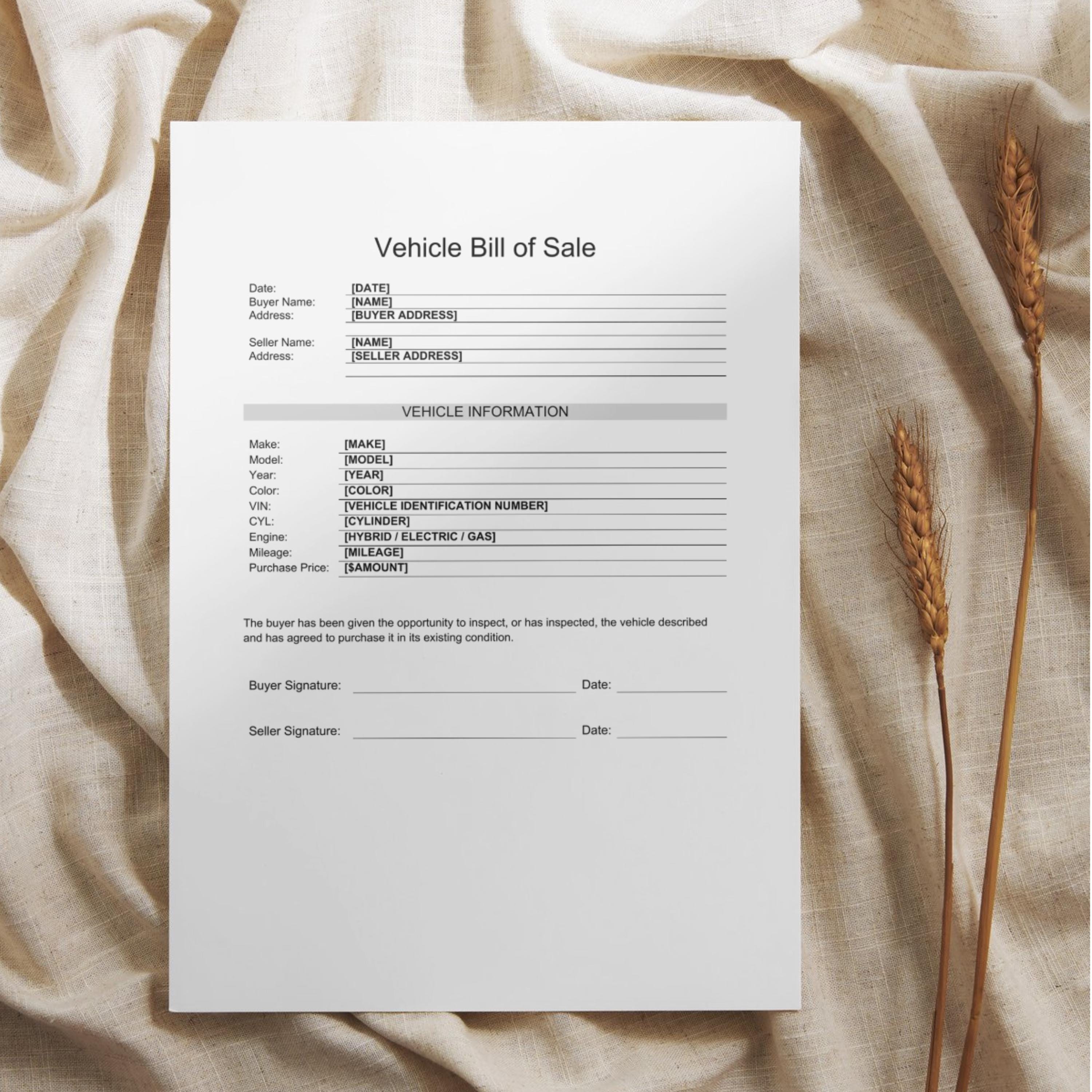 Vehicle Bill of Sale | Customizable Car Sale Doc | Auto Ownership ...