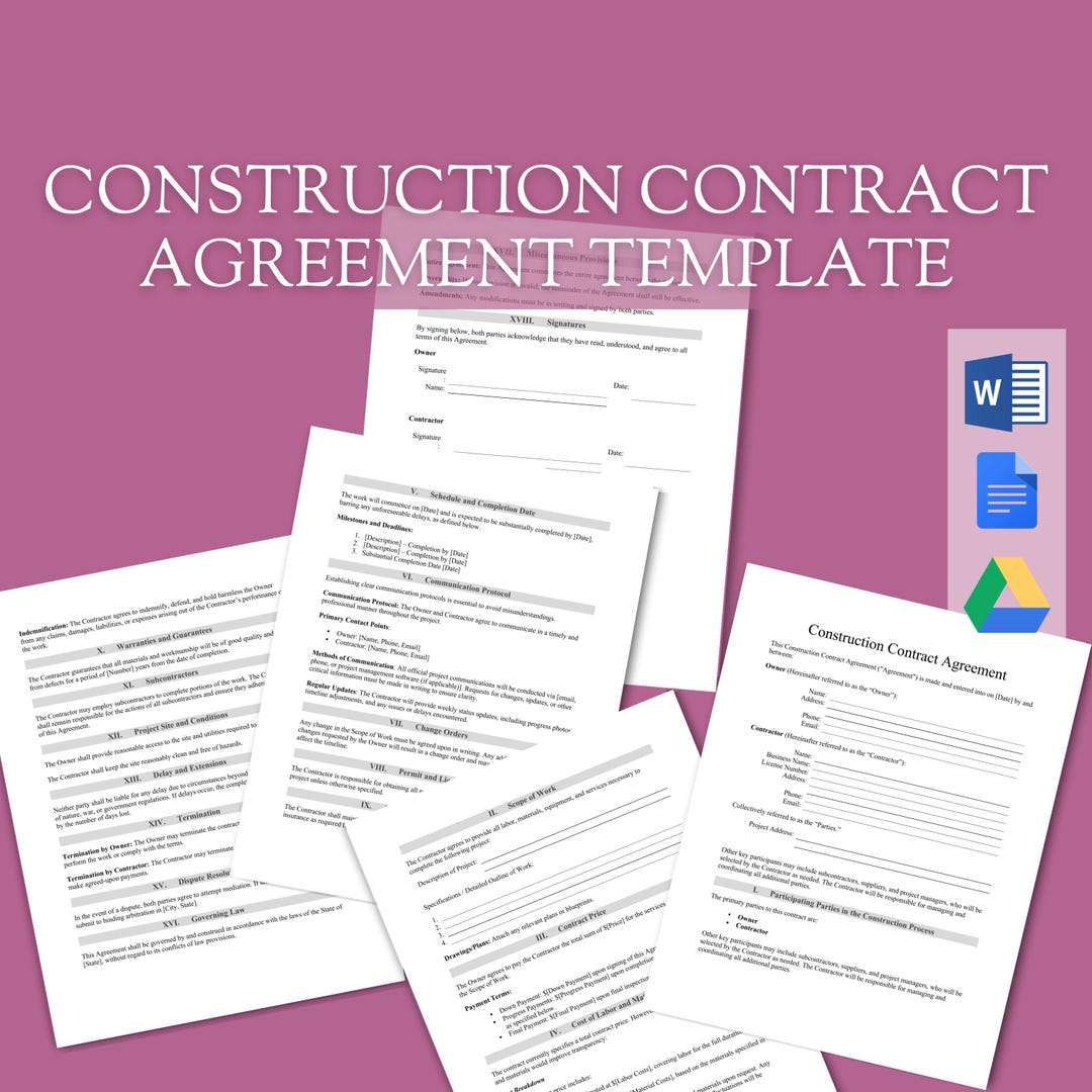 Construction Contract Agreement Template | Legal Document for Builders ...