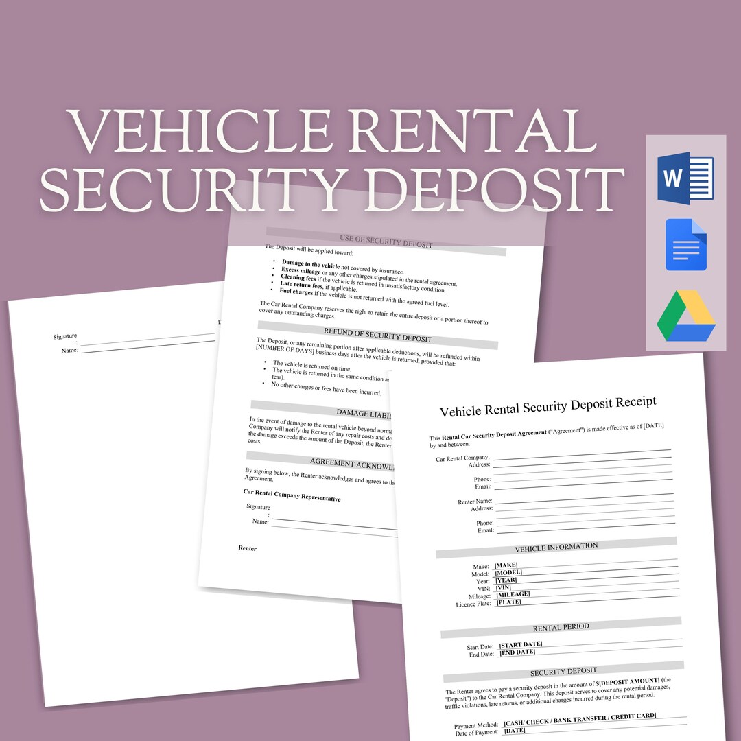 Rental Car Vehicle Security Deposit Agreement | Legal Vehicle Rental ...