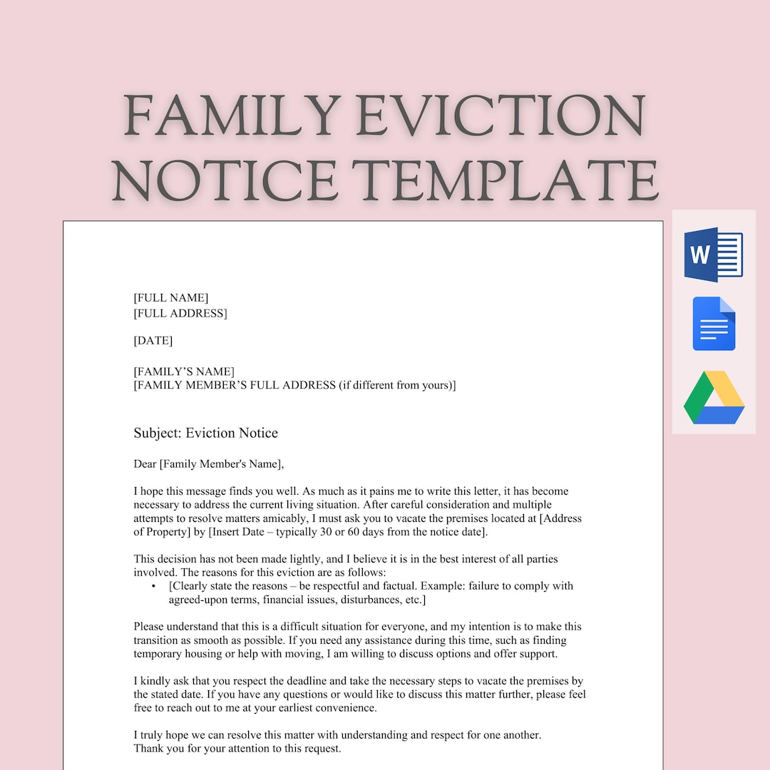 Family Eviction Notice Template | Compassionate Eviction Letter for Personal Use | Editable MS ...