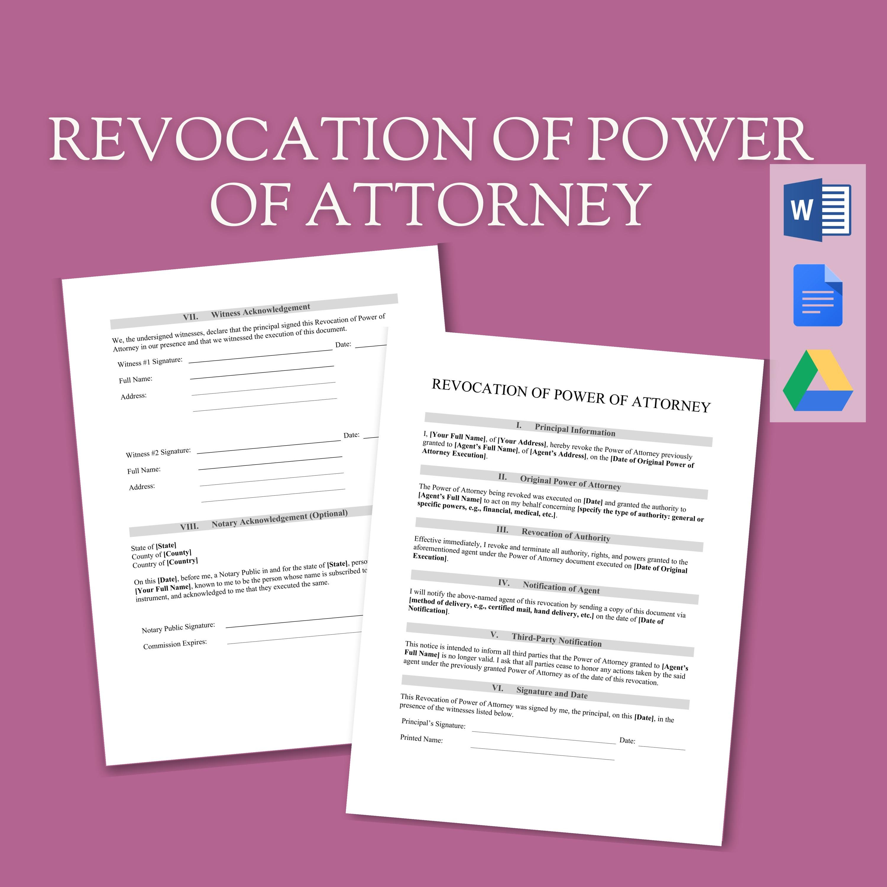 Power of Attorney Revocation Template | Editable Legal POA Revoke ...