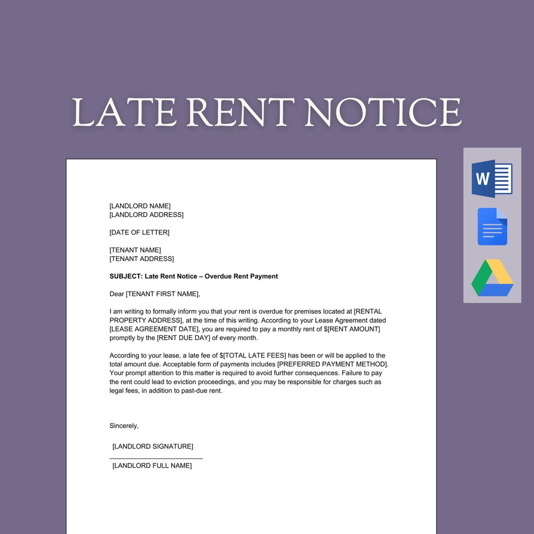 Late Rent Notice | Unpaid Rent | Overdue Late Rent | Late Fees | Demand ...