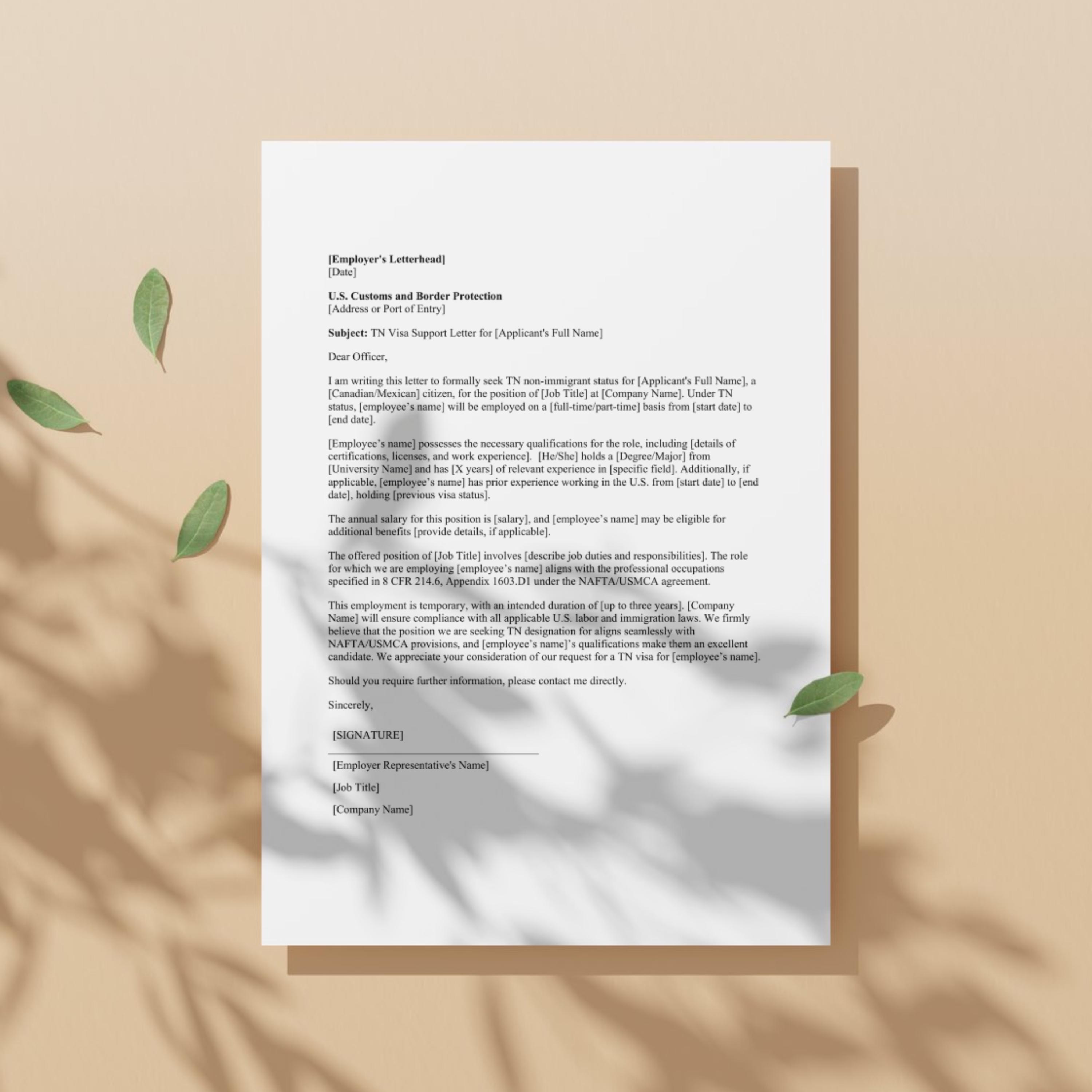 TN Visa Support Letter Template | Work Visa Letter U.S. Employers ...