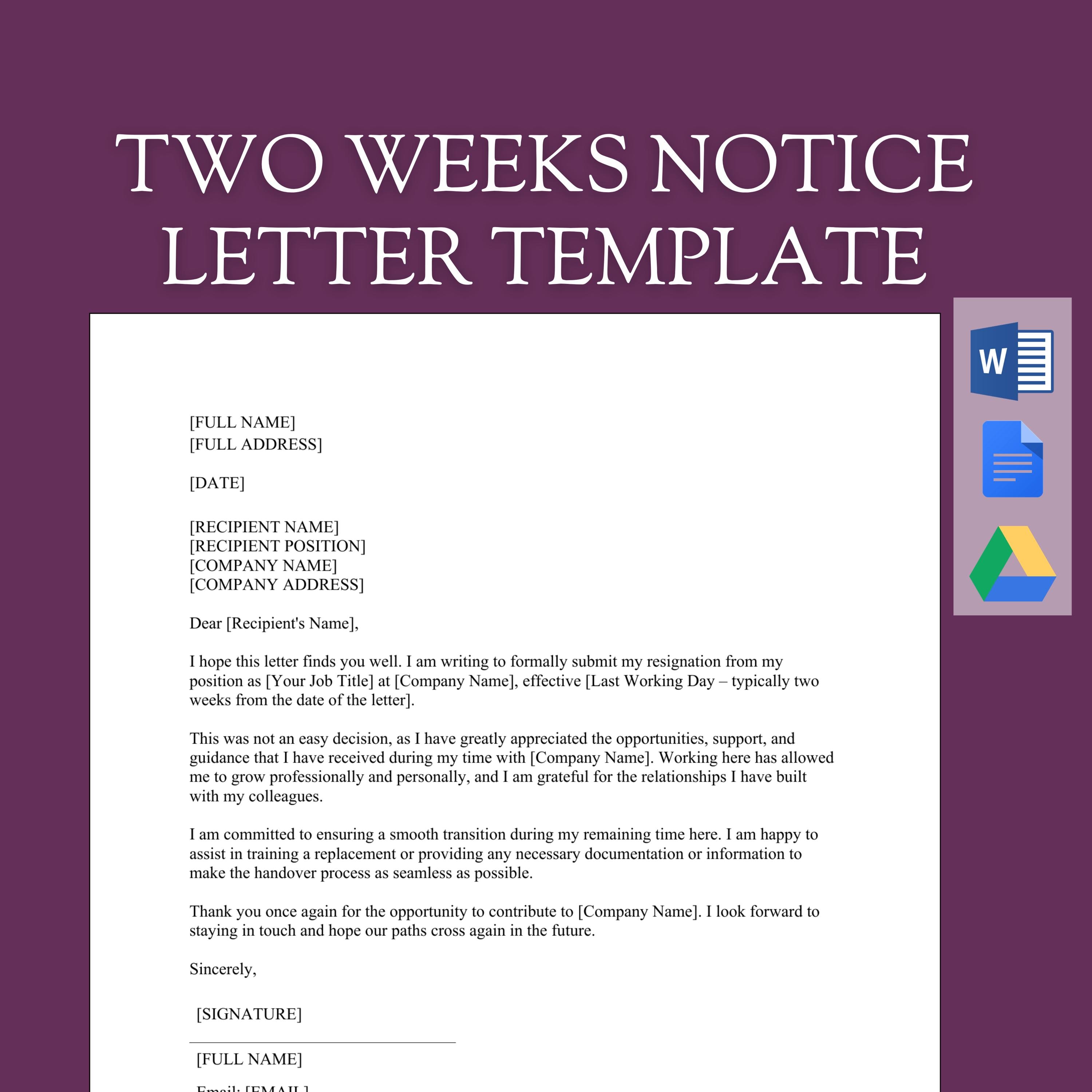 Two Weeks Notice Letter Template | Professional Resignation Letter ...