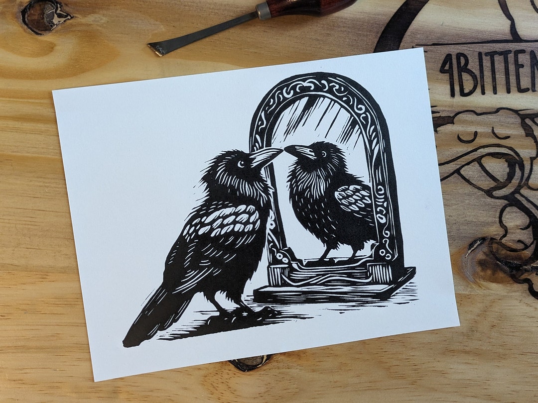 Linocut Print "who's a Handsome Boy?" Raven Art - Etsy