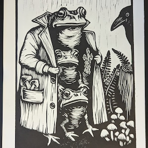 Black and White Linocut Print of Frogs in Trench Coat, "produce Dealer ...