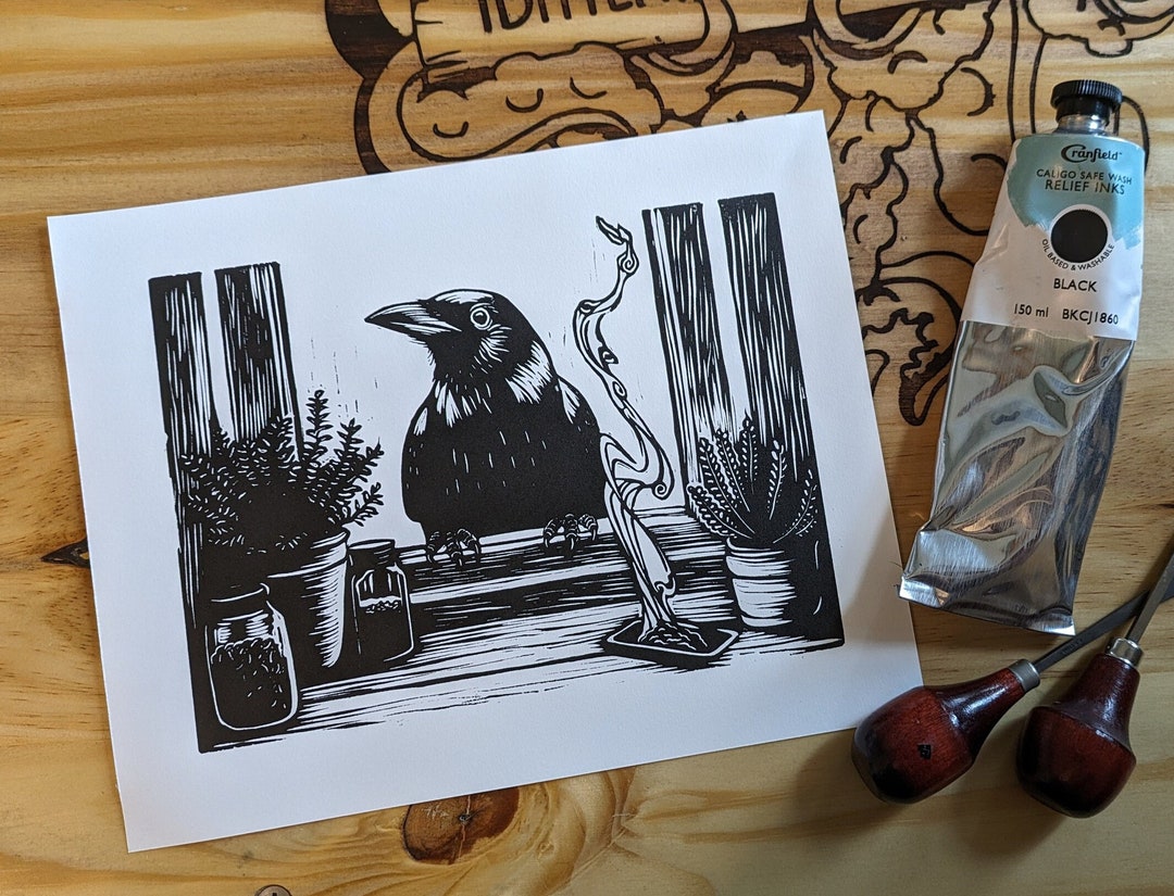 Linocut Print "the Familiar" Crow Friend Art - Etsy