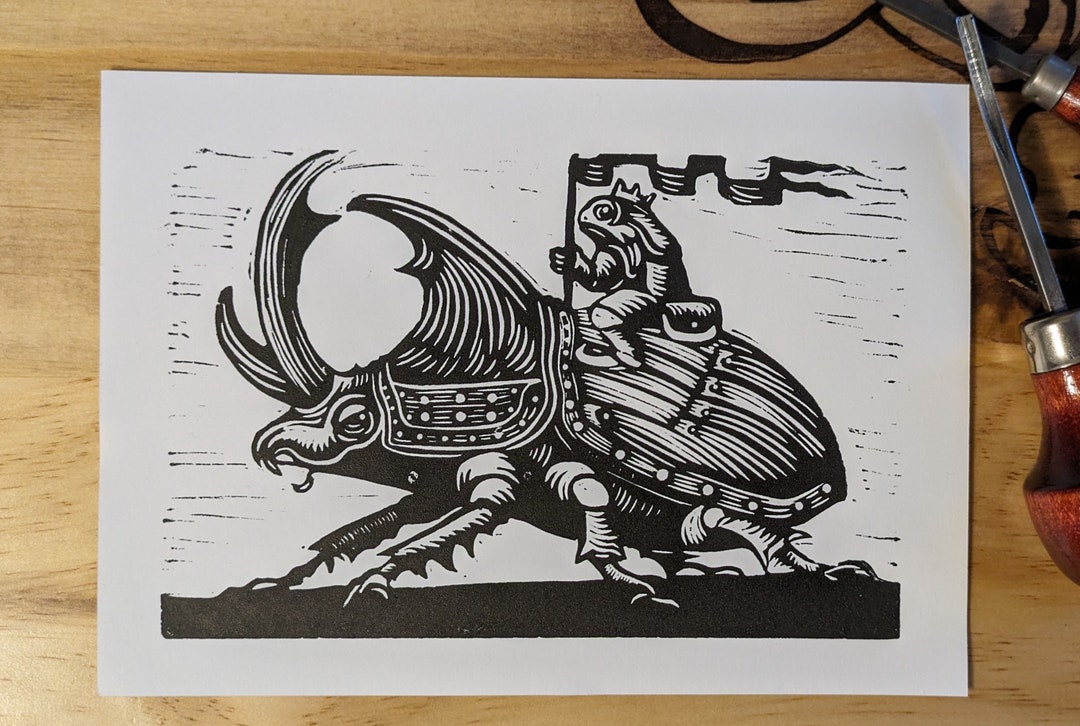 Black and White Linocut Beetle Print, "we Ride at Dawn!" Goblincore ...
