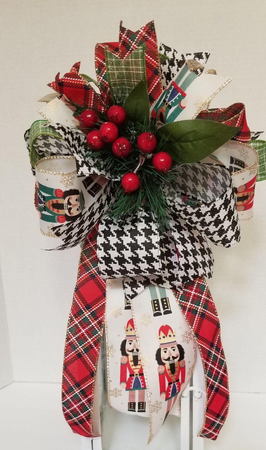 Christmas Lantern Bow, Nutcracker Wreath Bow, Christmas Tree Topper Bow, Holiday Mantel Bow, Bow ...