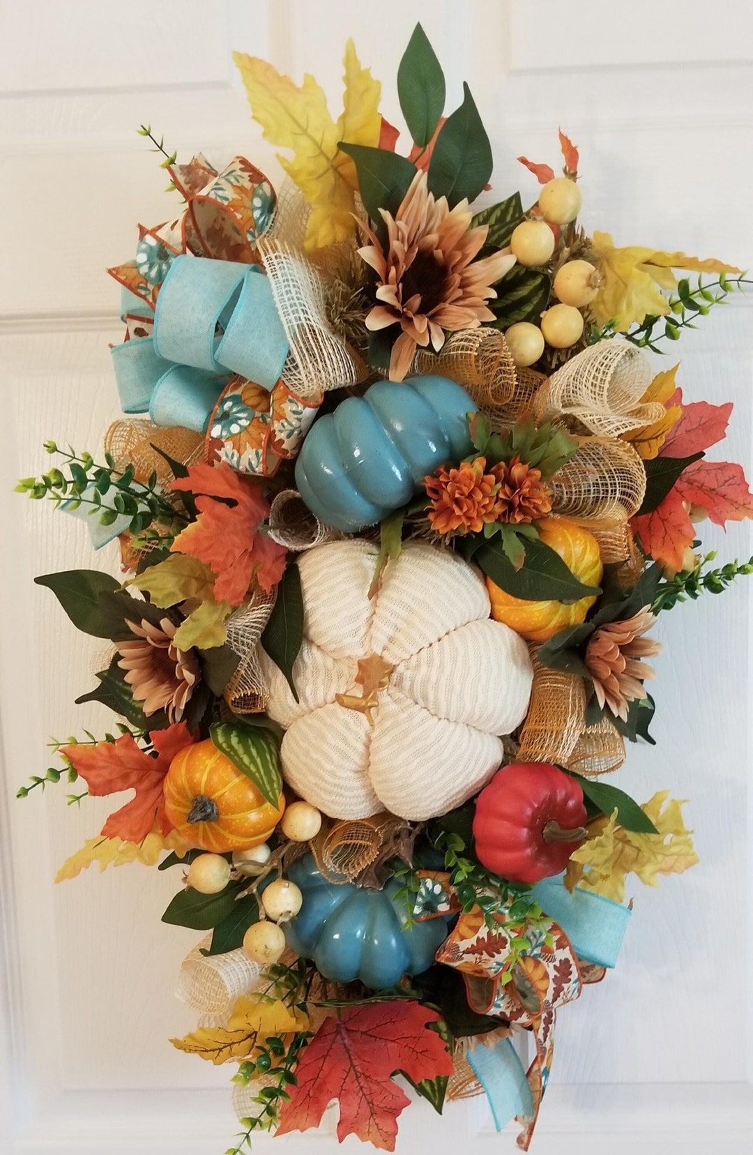 Fall Pumpkin Door Swag: White, Blue, and Orange Floral Decor - Etsy