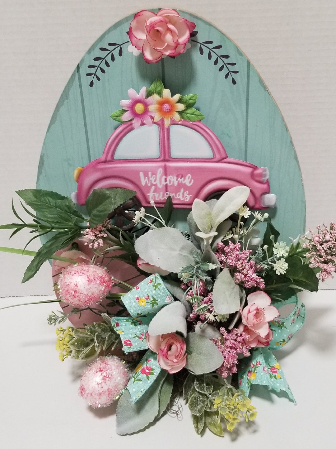 Easter Egg Wooden Shelf Sitter, Spring Floral Table Decor, Pink Green ...