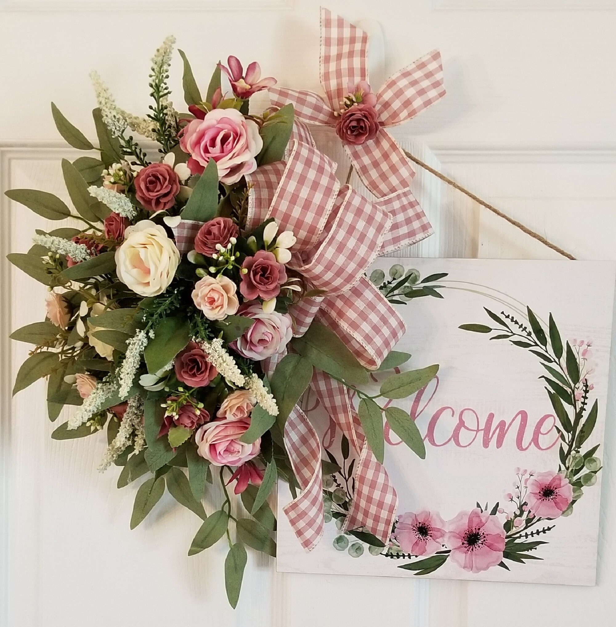 Spring Floral Welcome Sign Front Door Wreath, Floral Wooden Welcome ...