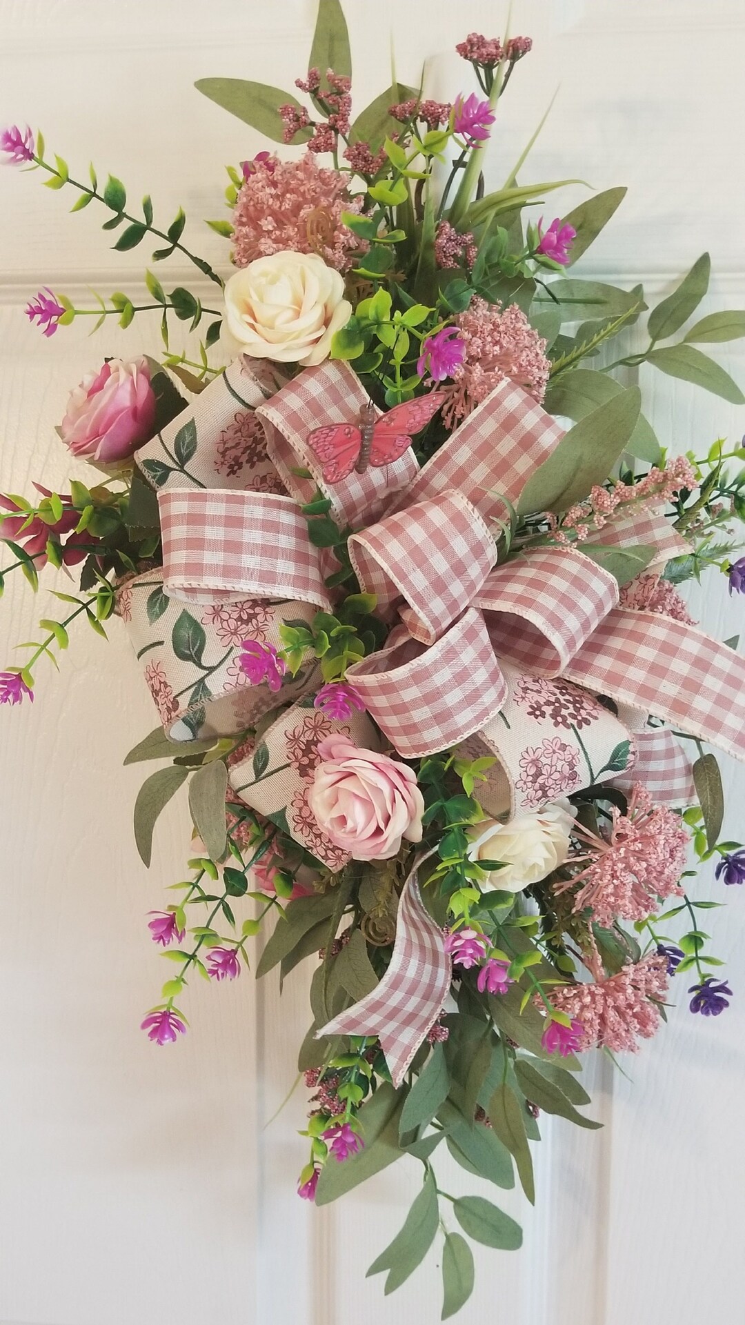 Pink & White Rose Grapevine Door Swag, Butterfly Floral Spring Swag ...