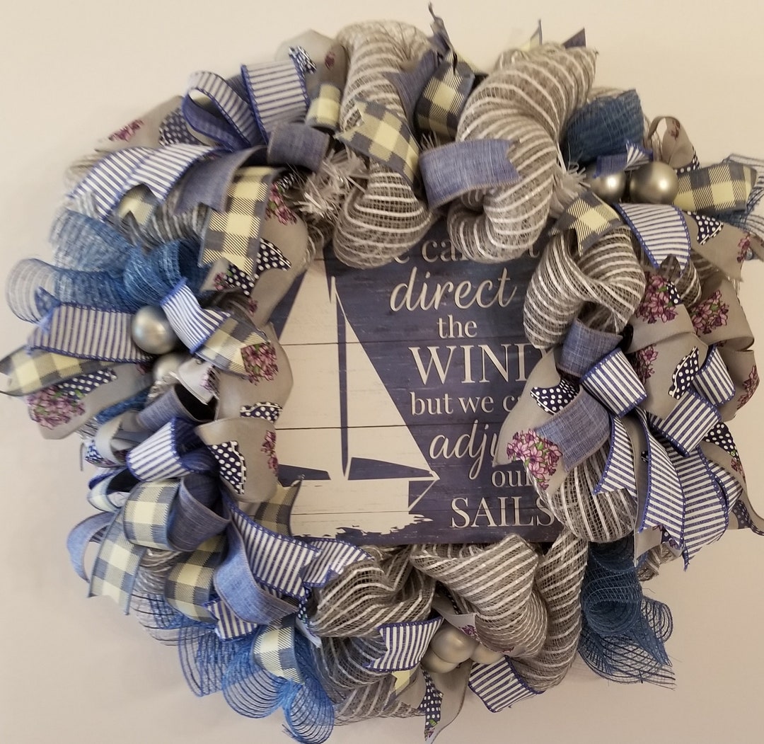 Nautical Beach House Deco Mesh Door Wreath, Coastal Sailboat Front Door ...