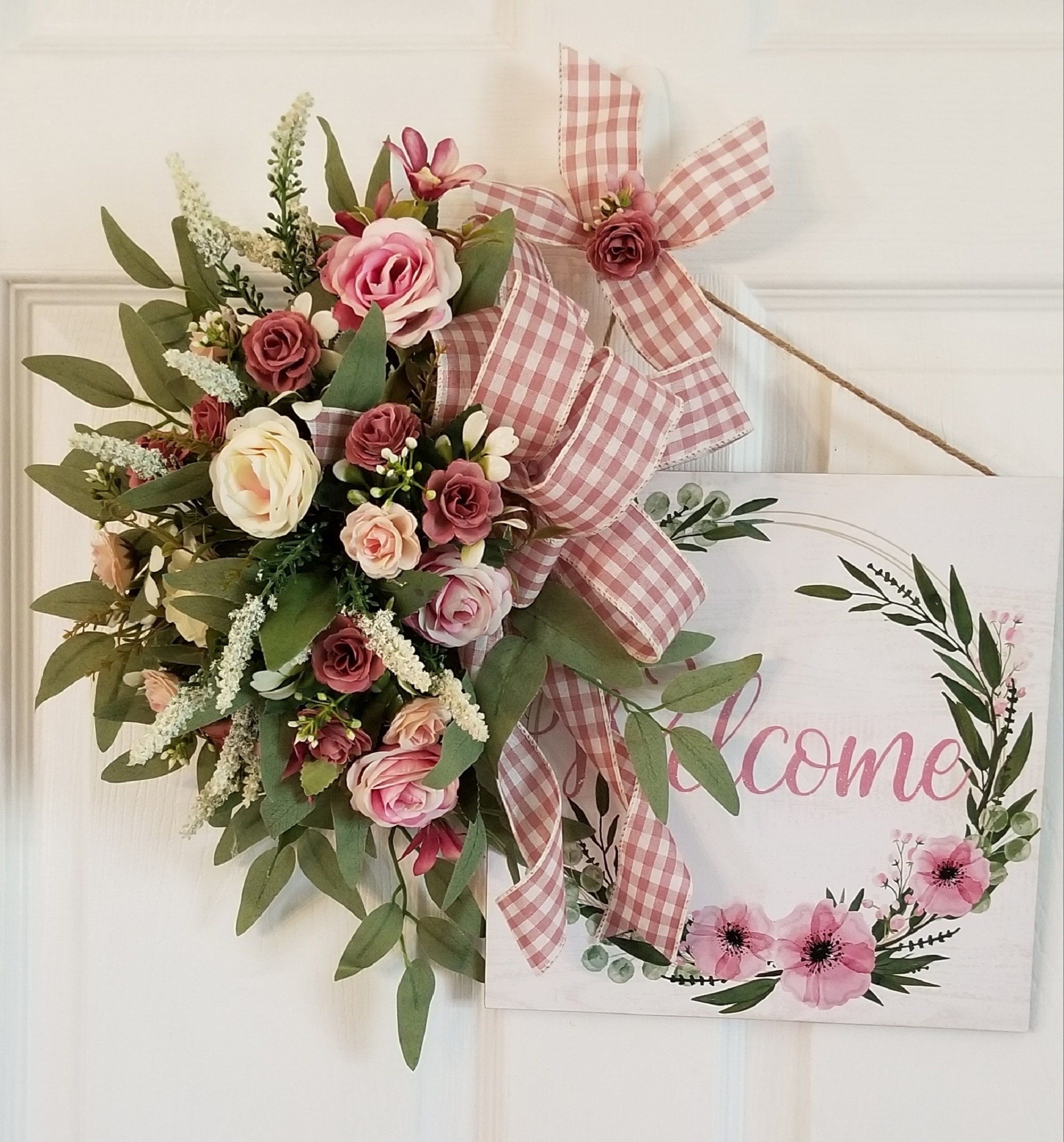 Spring Floral Welcome Sign Front Door Wreath, Floral Wooden Welcome ...