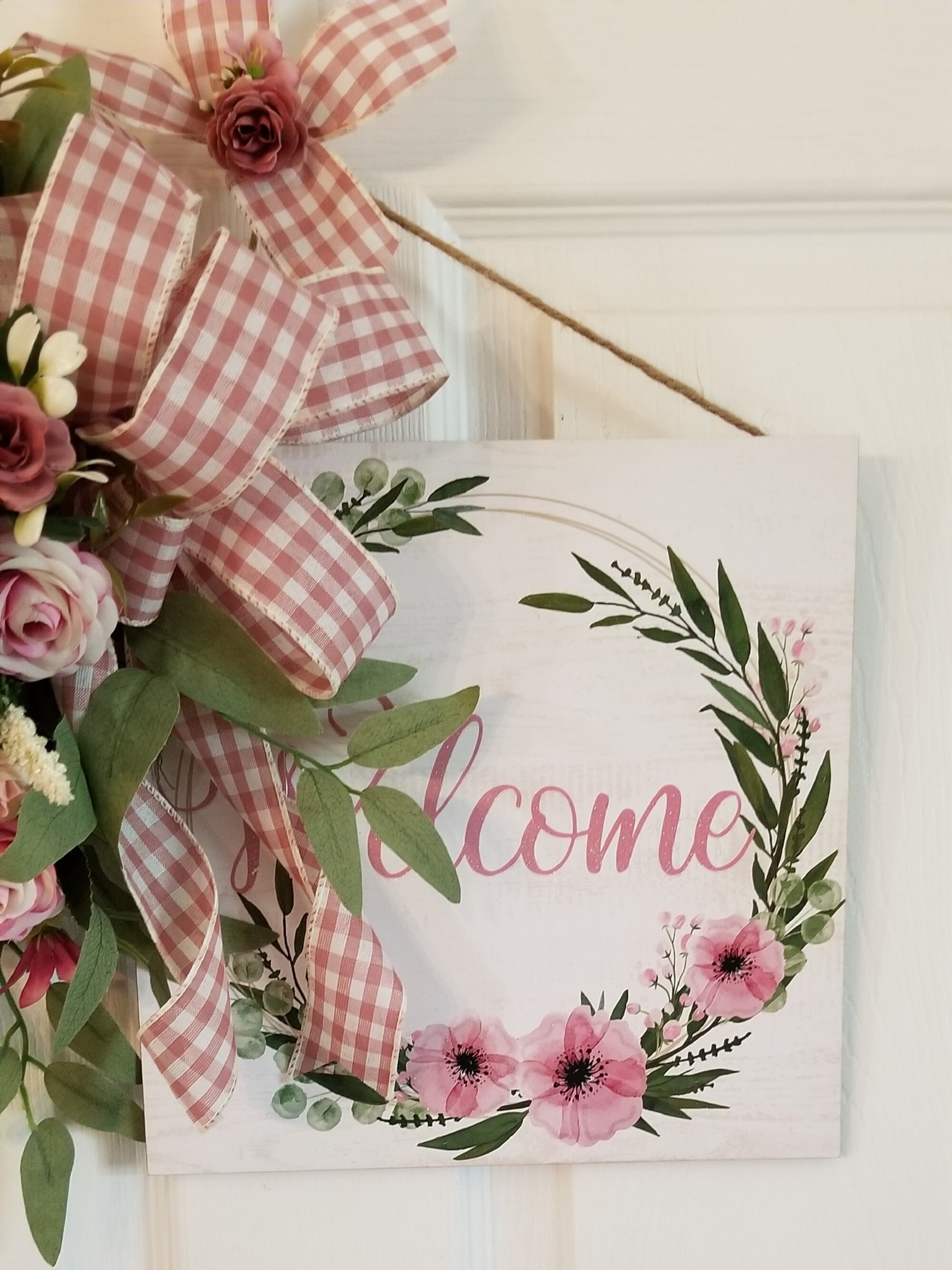 Spring Floral Welcome Sign Front Door Wreath, Floral Wooden Welcome ...