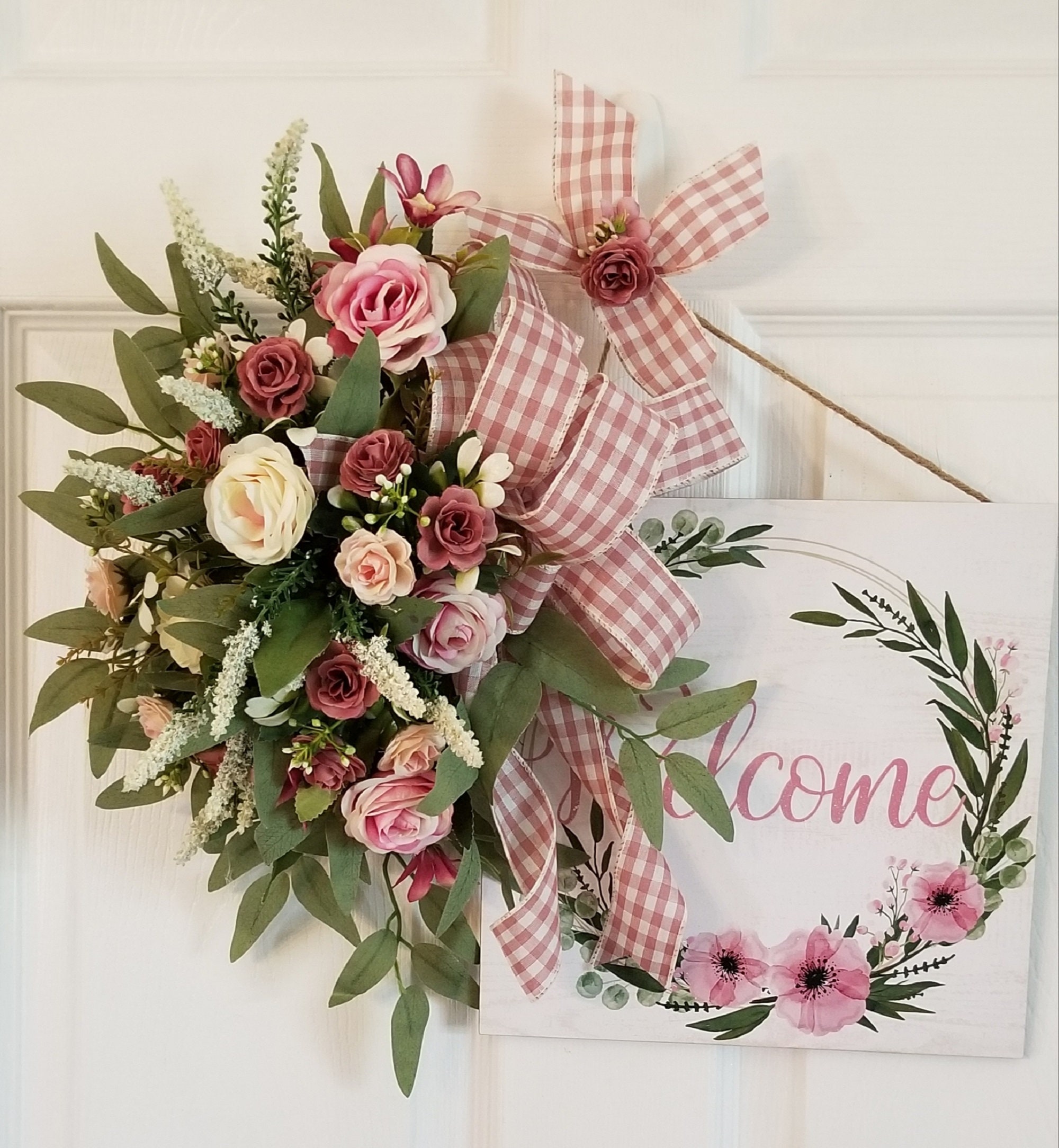Spring Floral Welcome Sign Front Door Wreath, Floral Wooden Welcome ...