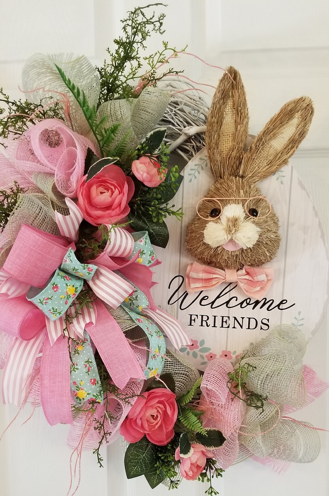 Spring Grapevine Bunny Floral Front Door Wreath, Easter Front Porch ...