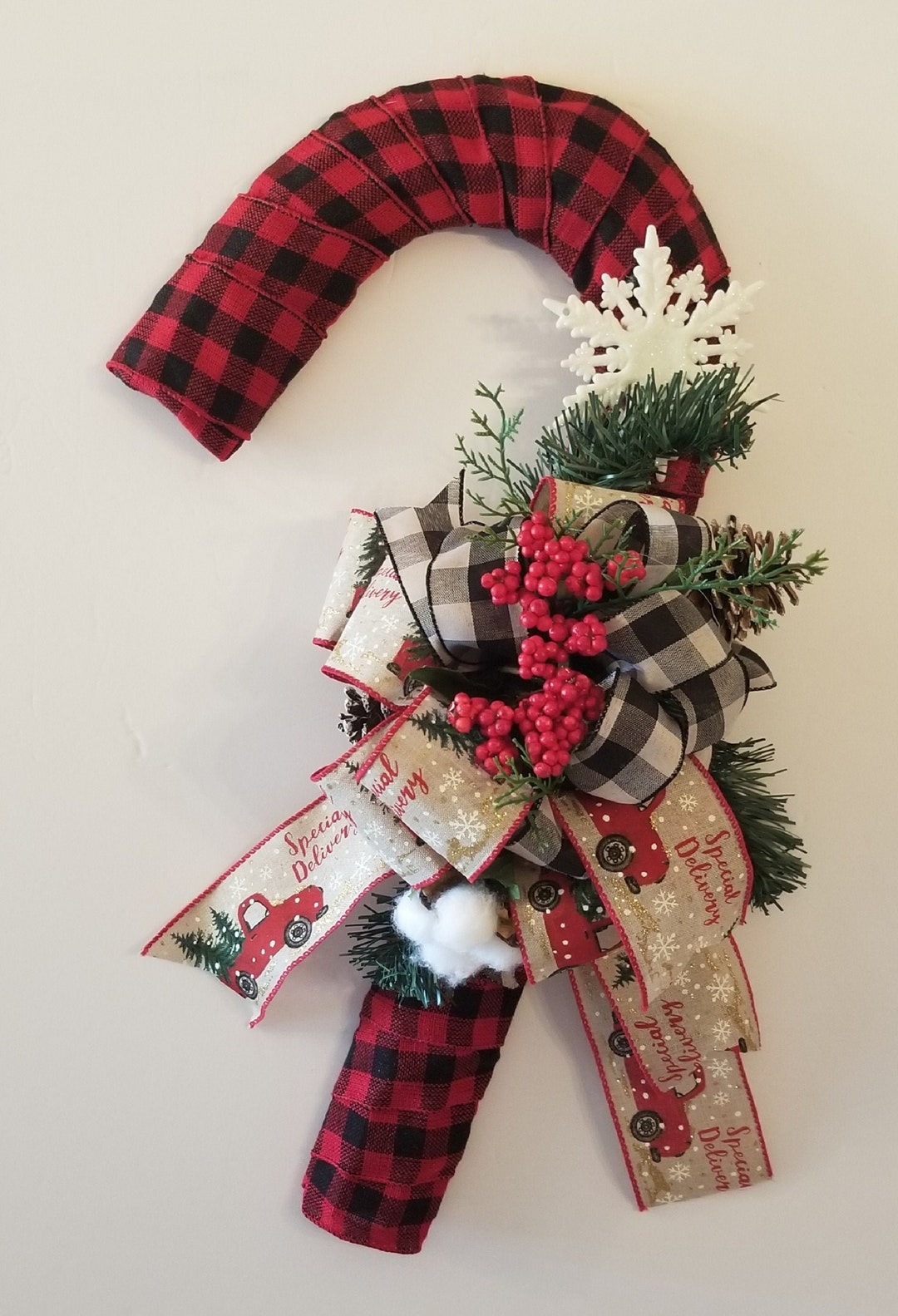 Candy Cane Christmas Front Door Swag, Red Plaid Winter Holiday Candy ...