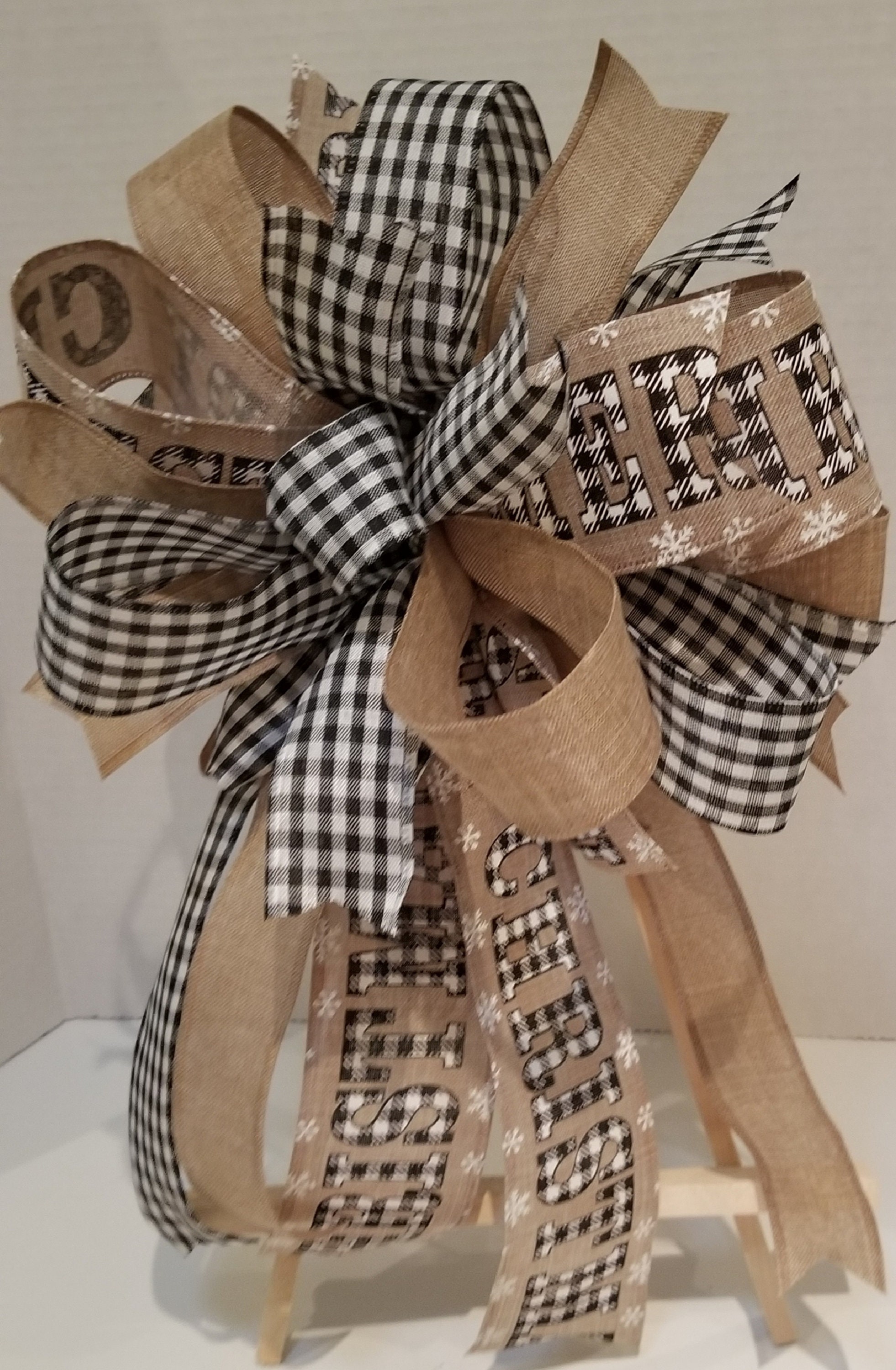 Black and White Gingham Check Merry Christmas Lantern Bow, Tan and ...