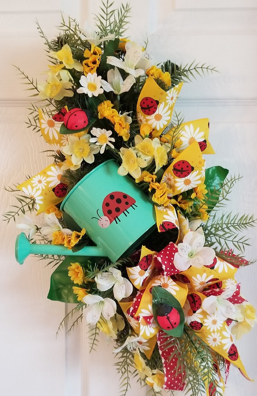 Lady Bug Spring Front Door Swag, Yellow Daisy Lady Bug Door Hanger ...