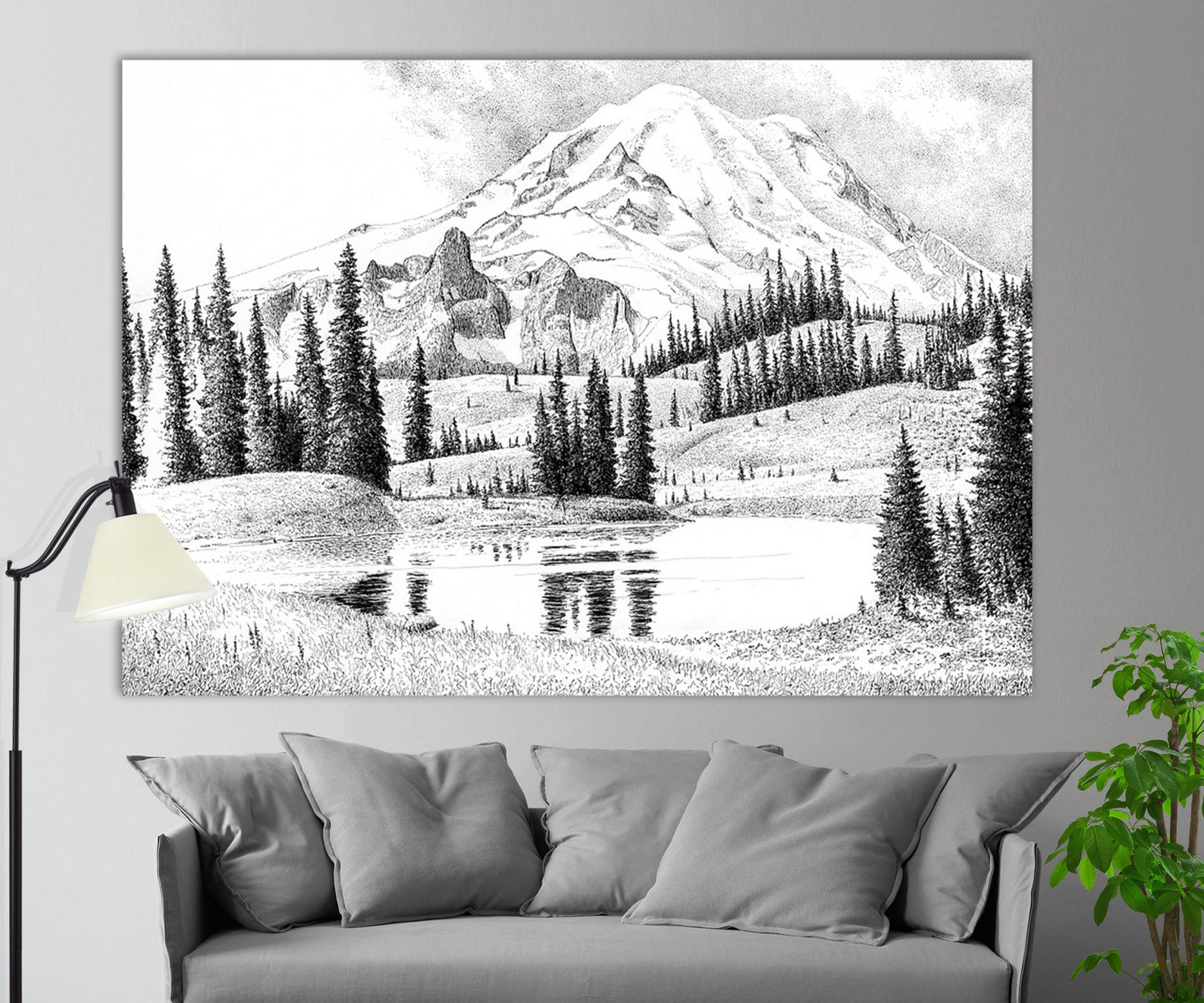 Mount Rainier Pencil Drawing Canvas Print, Black and White Mount ...