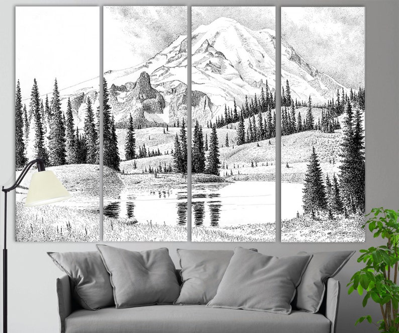 Mount Rainier Pencil Drawing Canvas Print, Black and White Mount ...