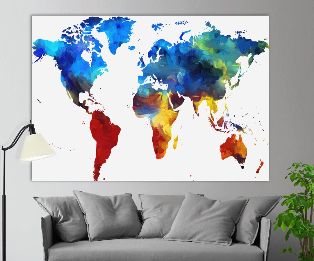 Watercolor World Map Canvas Print, Abstract World Map Painting, World ...