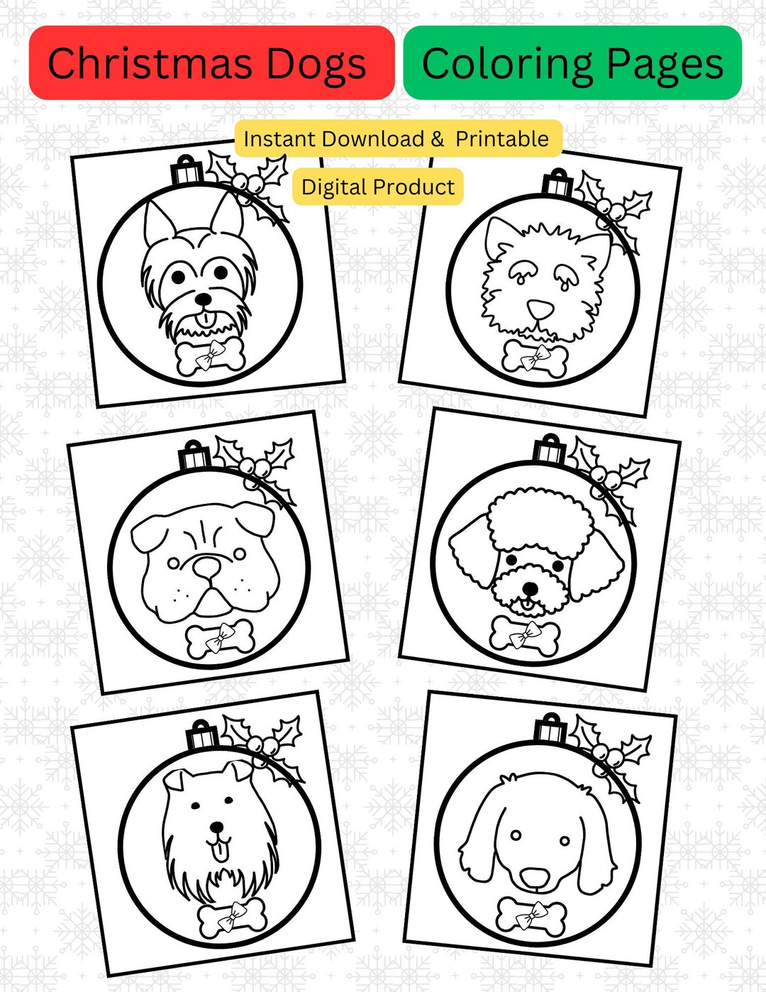 Christmas Dogs Coloring Digital Holiday PDF Printable Ornaments Winter ...
