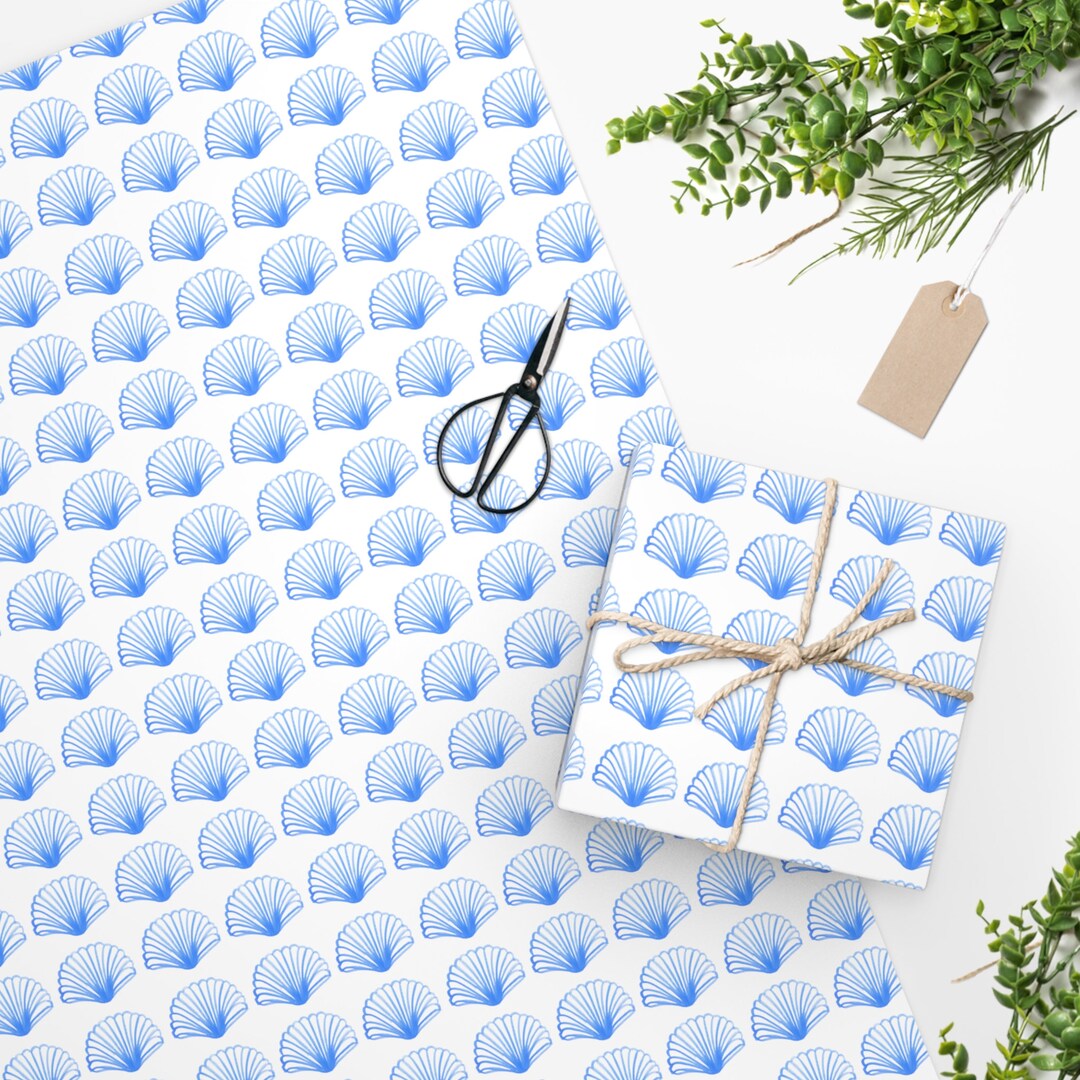 Seashell Print Wrapping Paper, Blue Shell Print Wrapping Paper ...