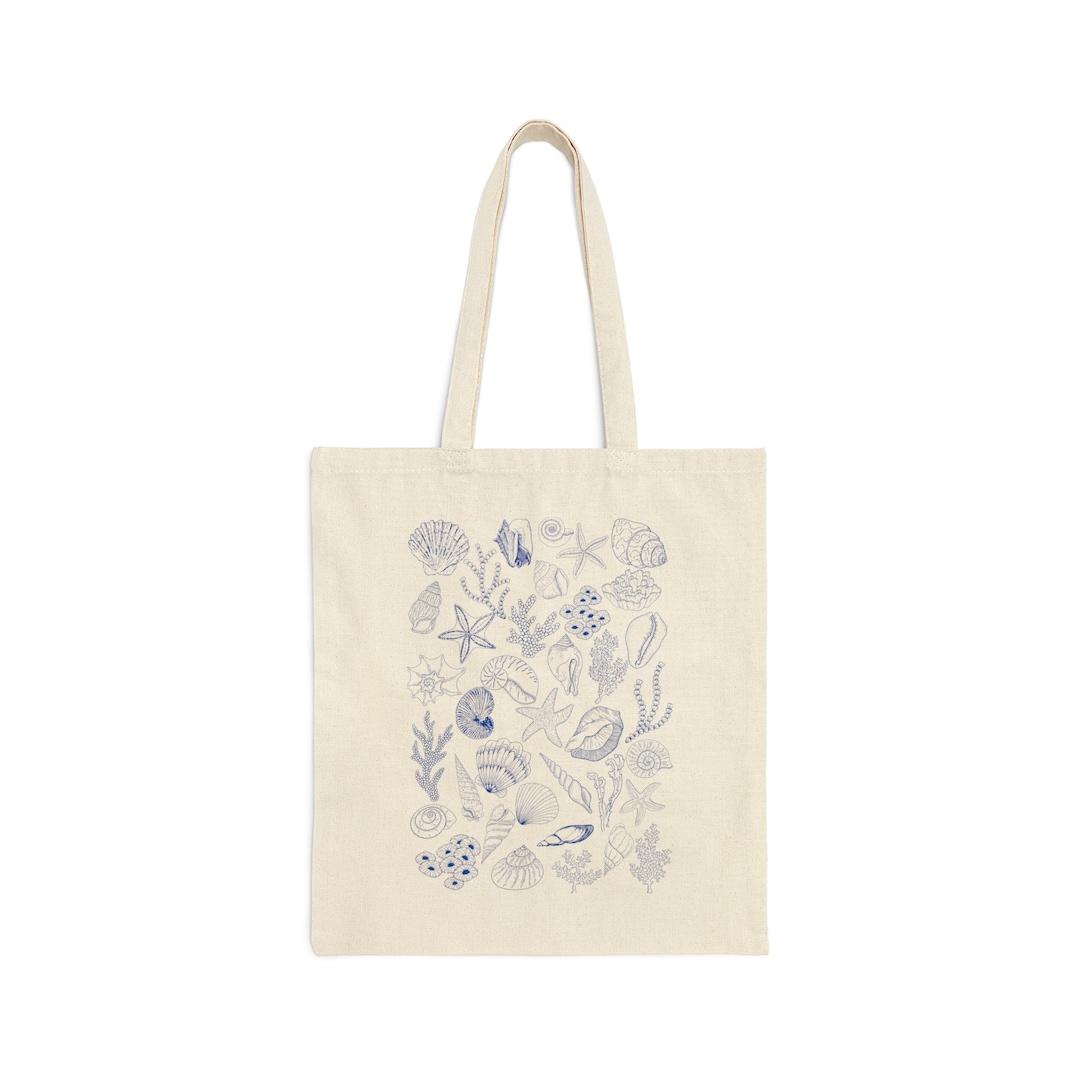 Coastal Shells Canvas Tote Bag, Shells Coral Tote Bag, Vacation Tote ...