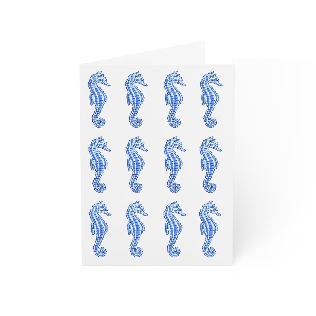 Blank Coastal Blue Seahorse Watercolor Print Pattern Greeting Cards 1 ...