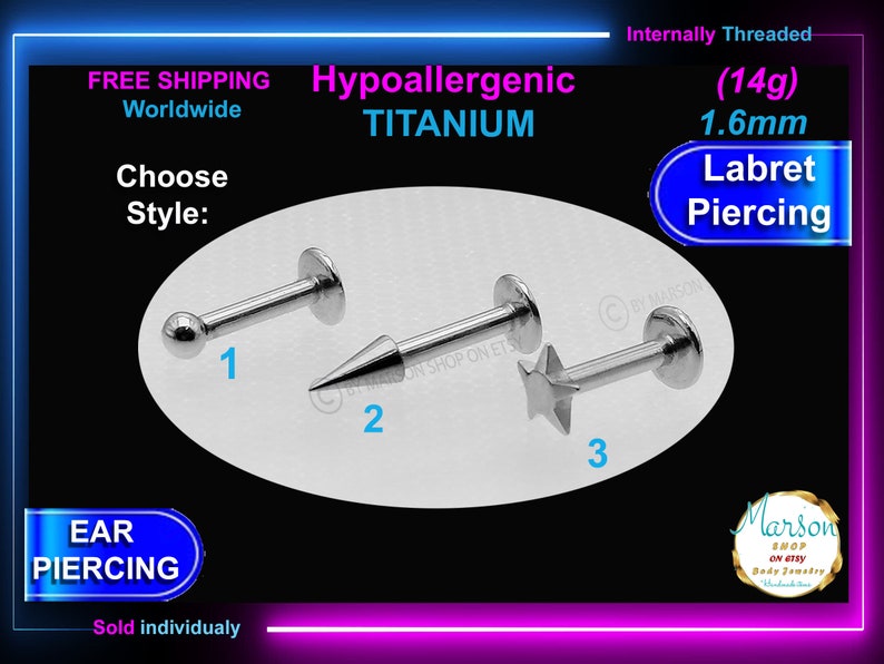 Internally Threaded 14g Labret Barbell TITANIUM, Spike, Ball, Star ...