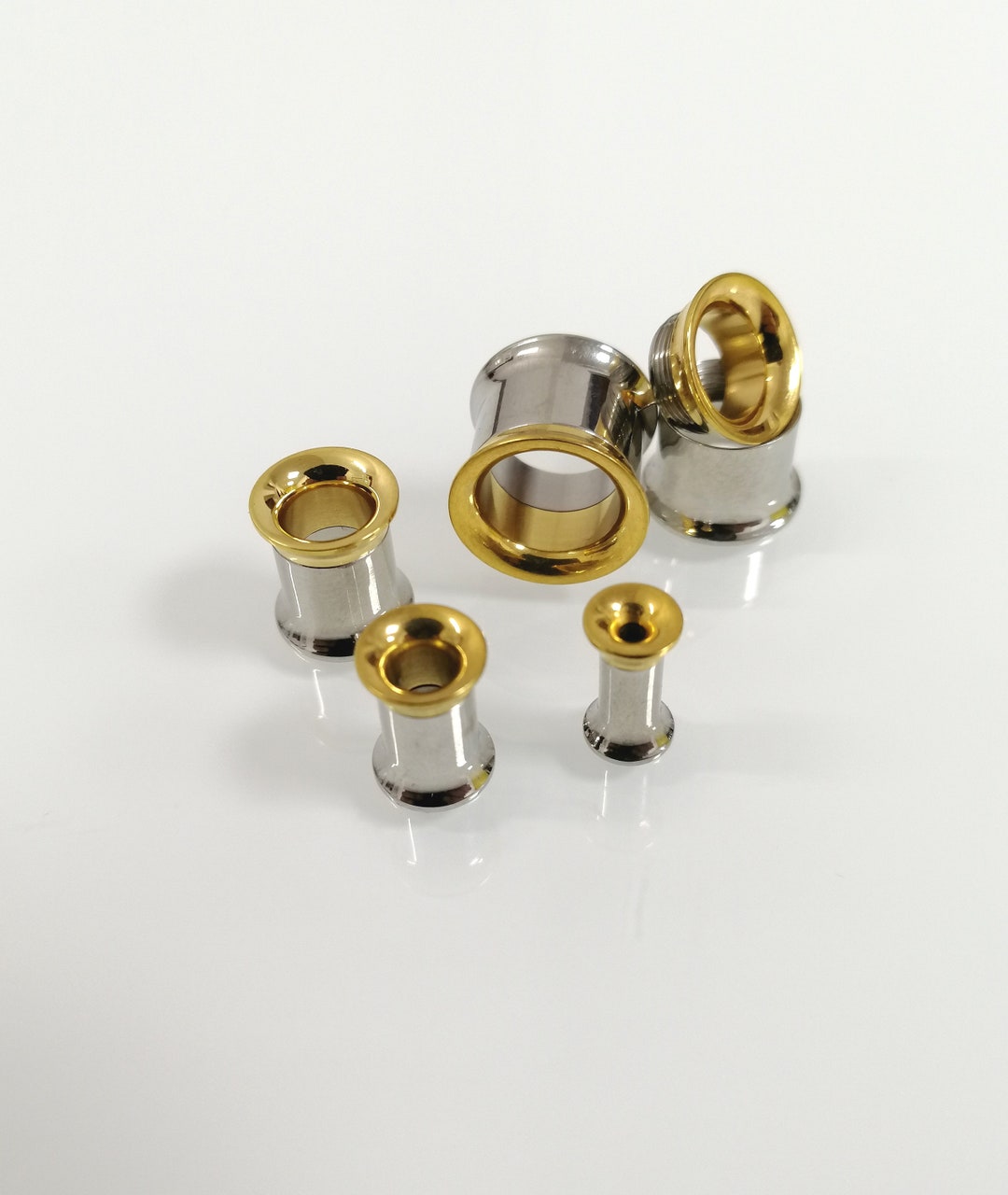 Silver and Gold Ear Tunnels, Internally Threaded Surgical Steel Plugs ...