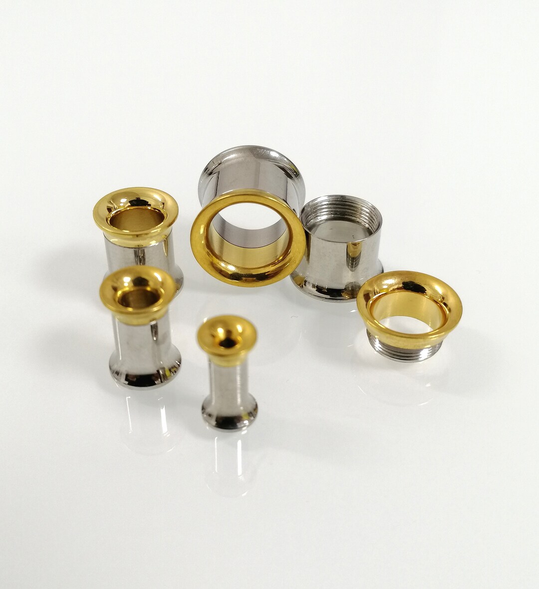 Ear Tunnels, Gold With Silver Color, Internally Threaded, Surgical ...