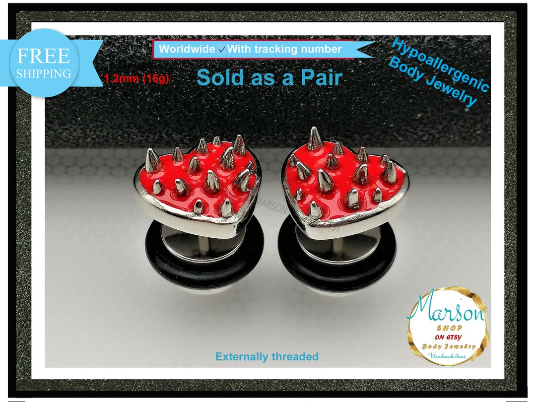 PAIR 16g SPIKE Thorn, Red Heart, Enamel, Fake Plugs, Fake Plug Gauges Surgical Steel Unisex Ear ...