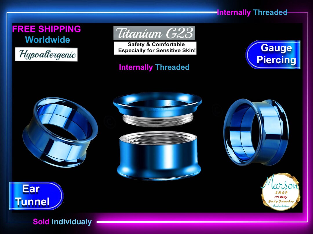 TITANIUM Ear Tunnels, Blue, Internally Threaded, Antiallergic, Ear ...