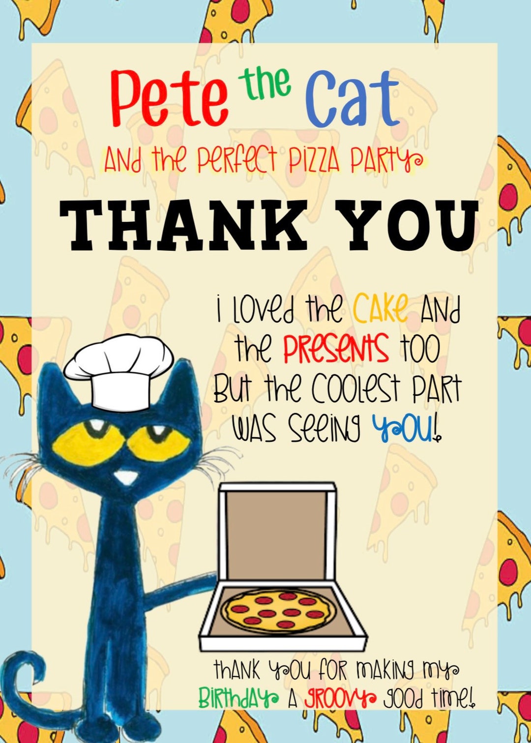 Pete the Cat and the Perfect Pizza Party Thank You Card - Etsy