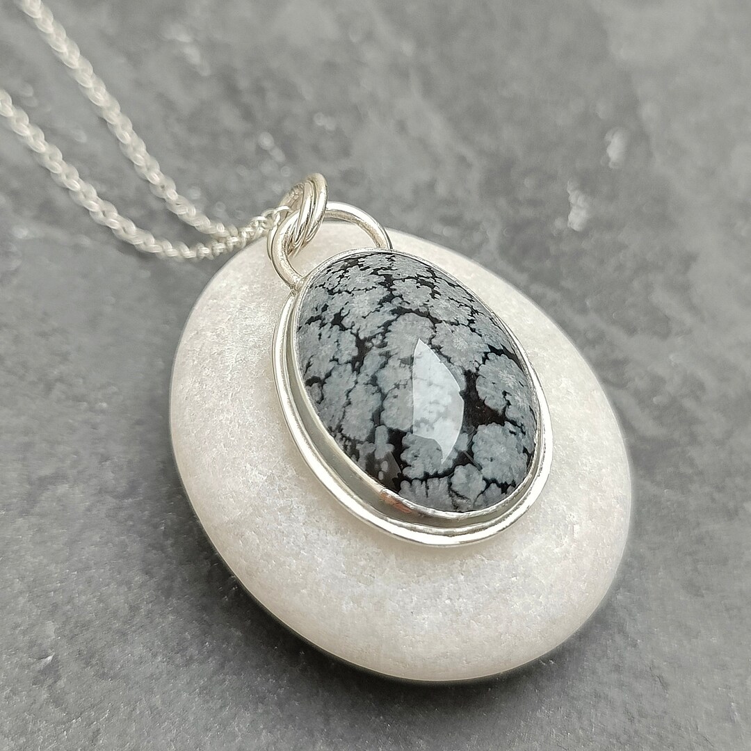 Oval Snowflake Obsidian Pendant - Etsy