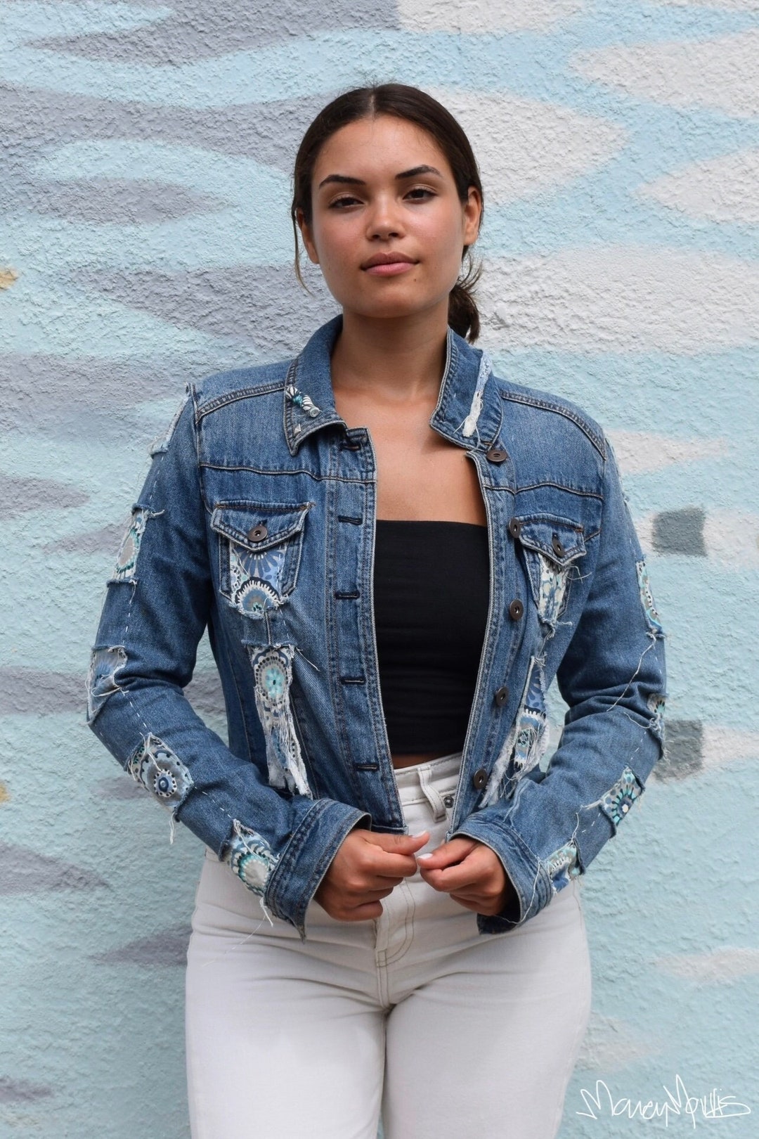 Patchwork Denim Jacket / Blue Floral - Etsy