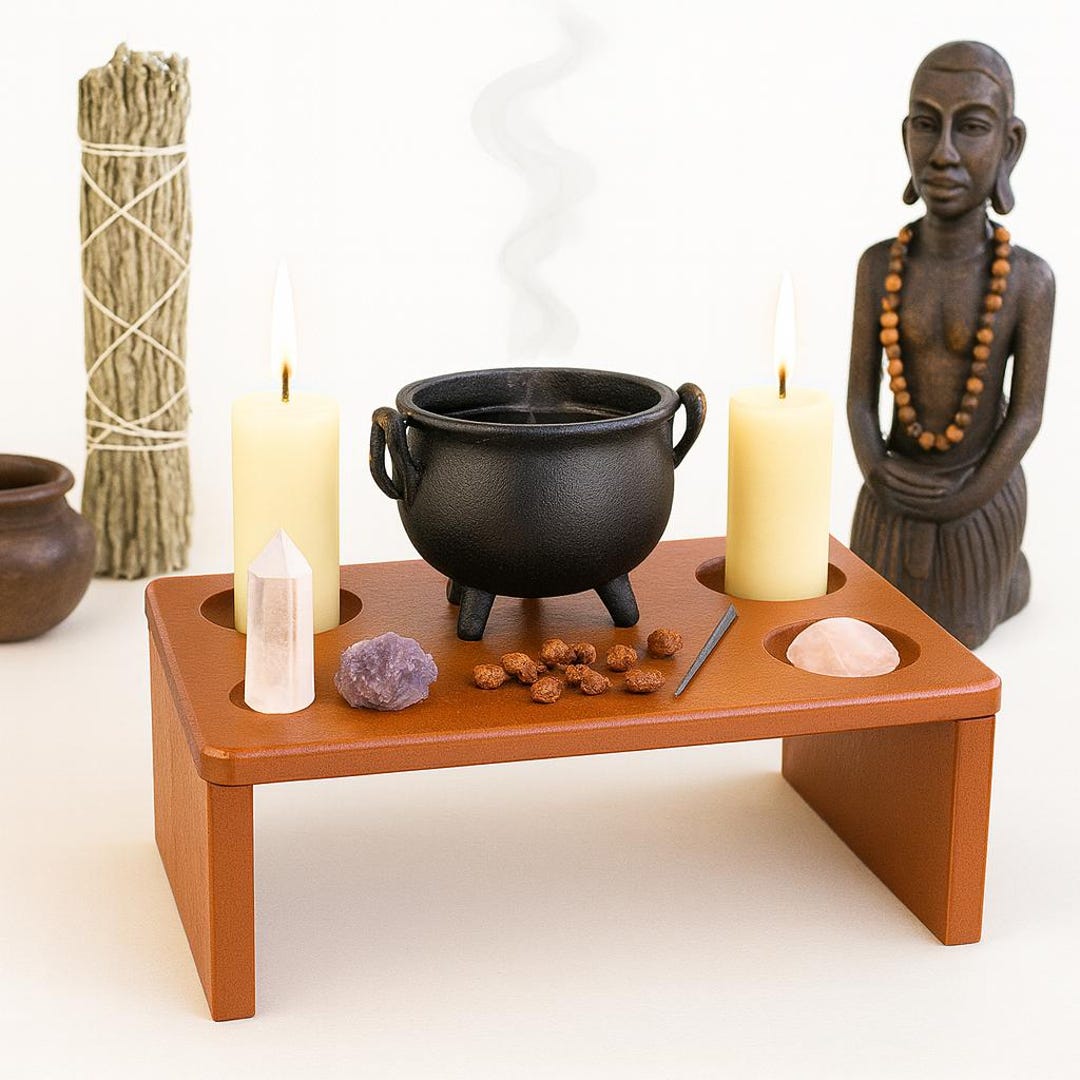 Rustic Wooden Ritual Altar Table | Compact Candle - Crystal Holder ...