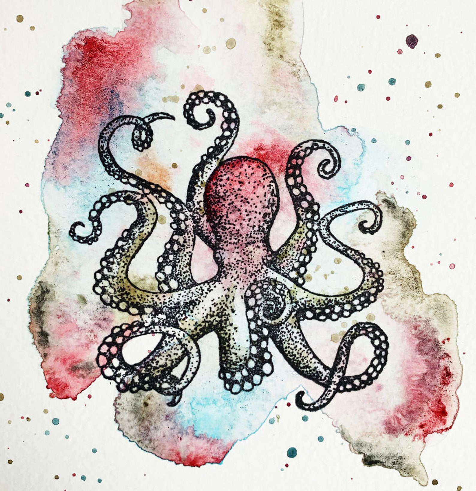 Original Stamped Ink Octopus Watercolor 6x6 Painting ONE OF A KIND - Etsy