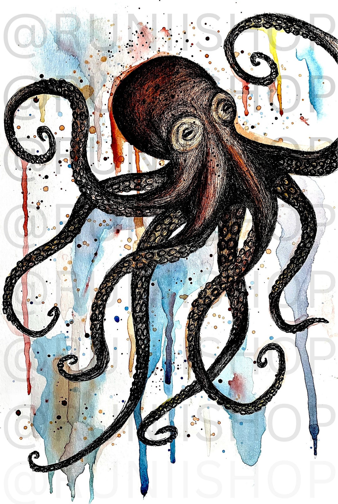 Octopus Watercolor Wall Art Print 8”x12” Watercolor & Ink Mixed Media ...