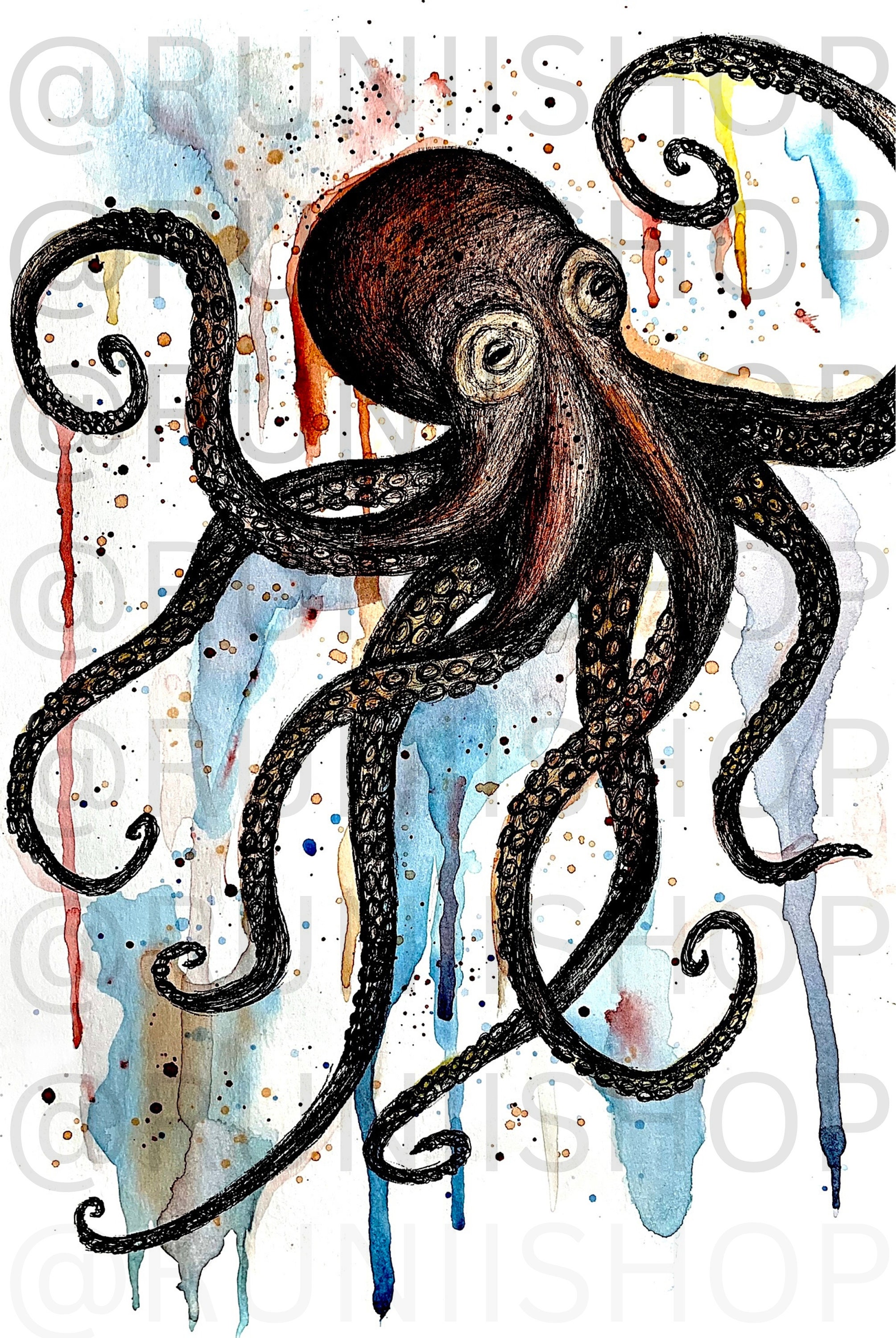 Octopus Watercolor DIGITAL DOWNLOAD Wall Art Watercolor & Ink Mixed ...