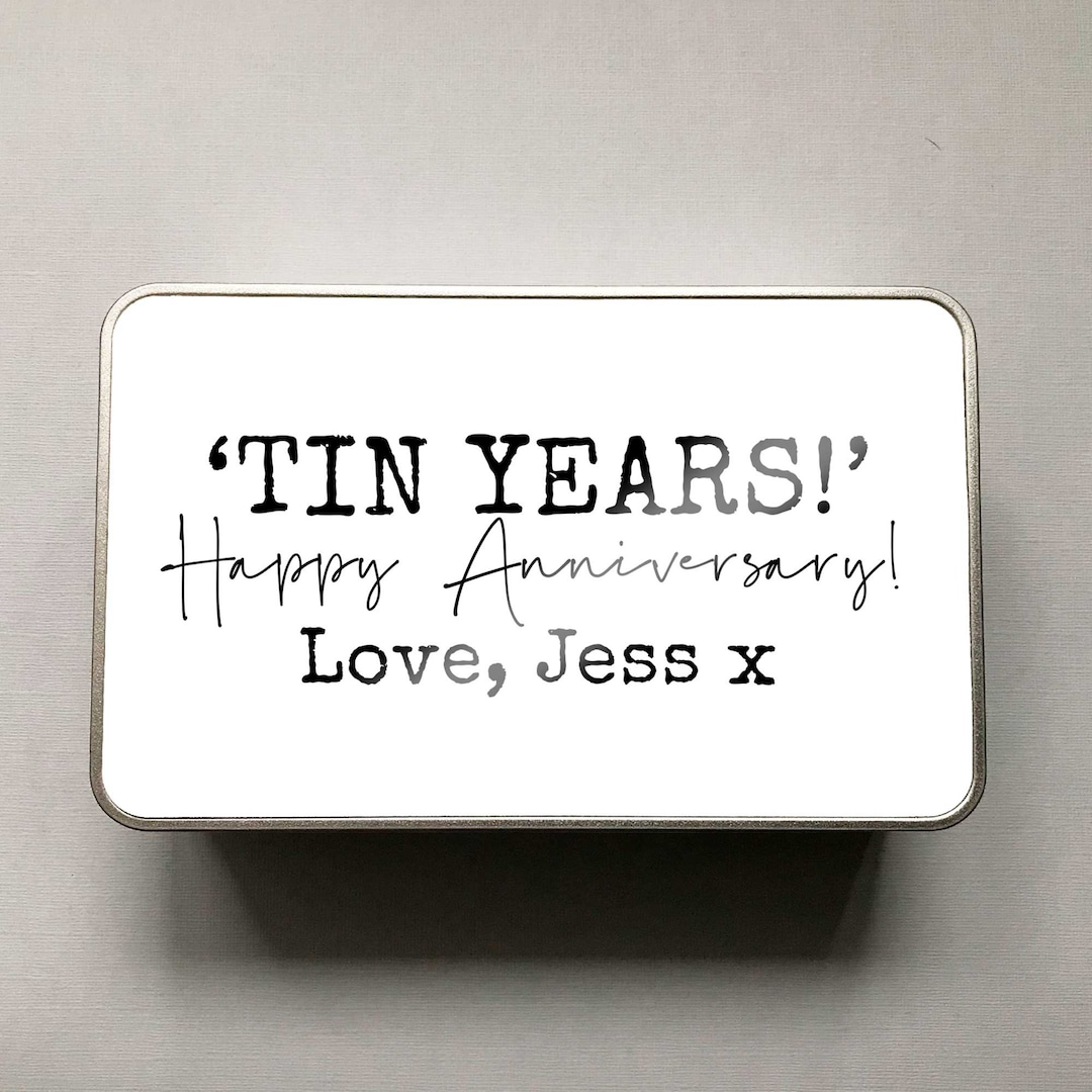 Tin Years! 10 Year Anniversary Tin, Personalised Text Anniversary Tin ...