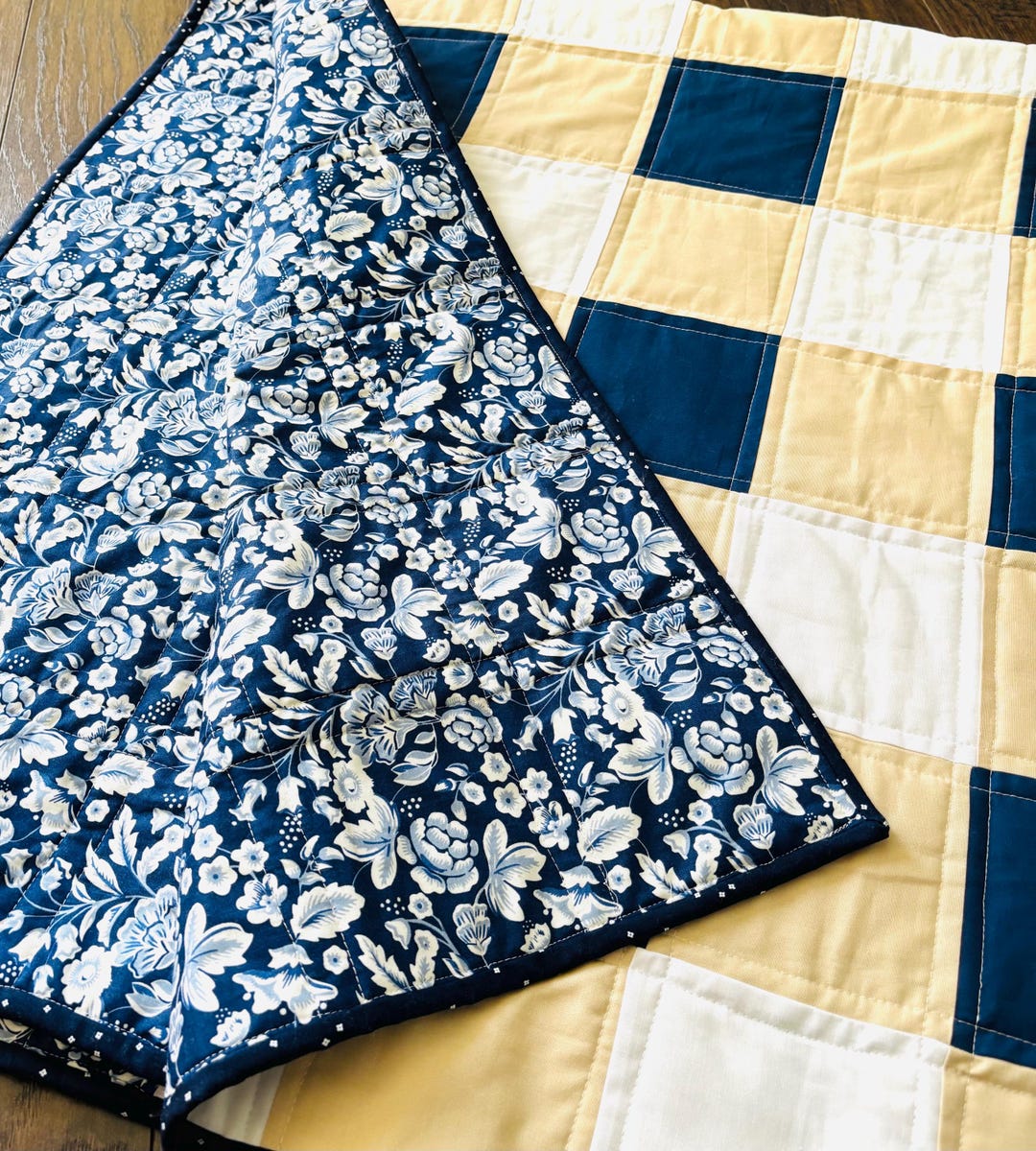 Handmade Plaid Quilt – Navy, White & Tan With Blue Floral Backing – 60 ...
