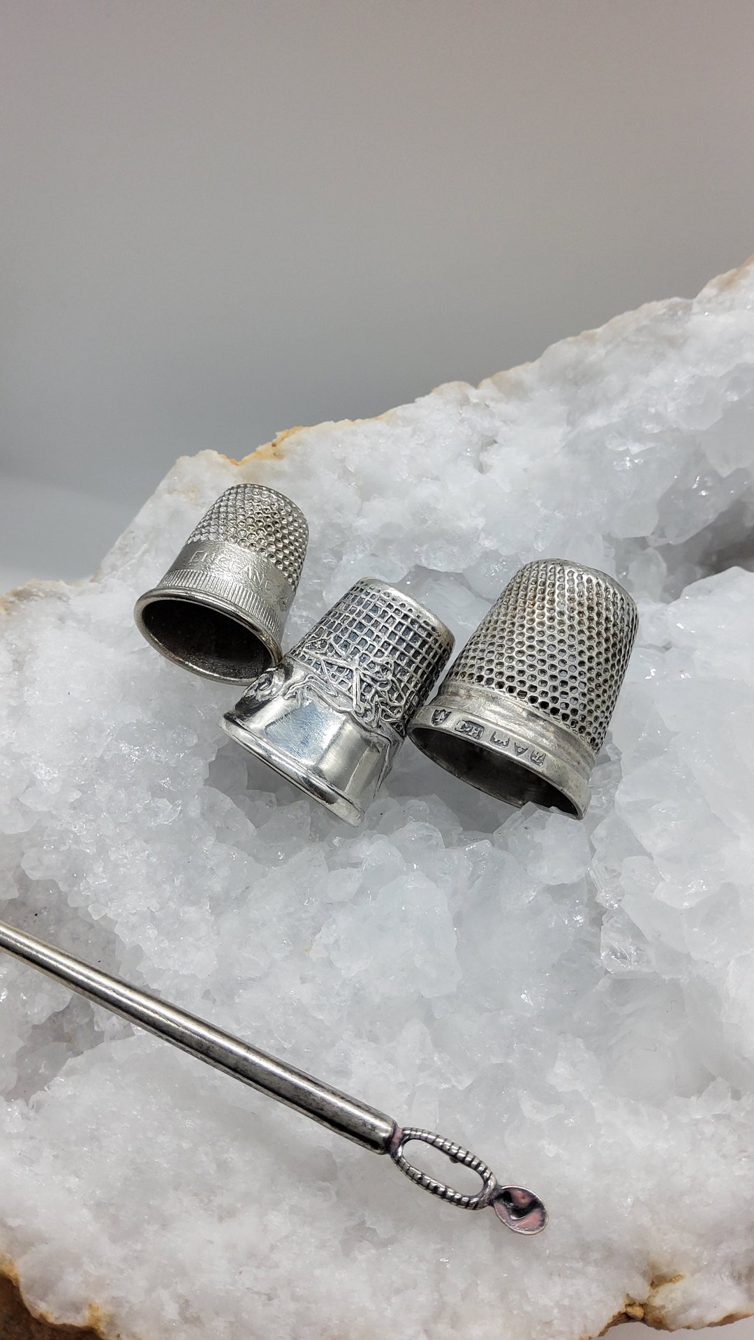 Three Antique Thimbles With Ear Spoon Bodkin Ribbon Threader - Etsy