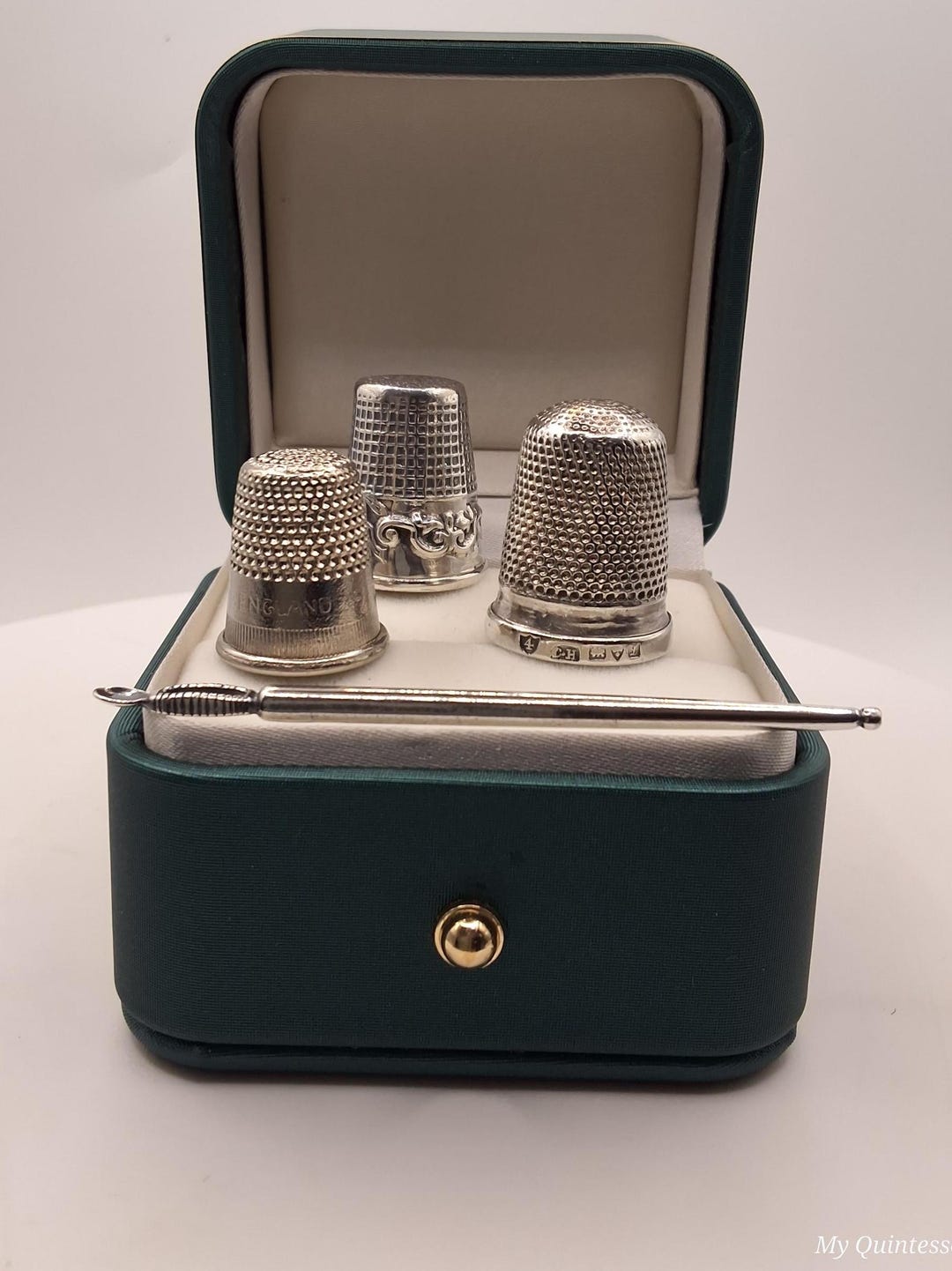 Charles Horner. Three Antique Sterling Thimbles With Ear Spoon Bodkin ...