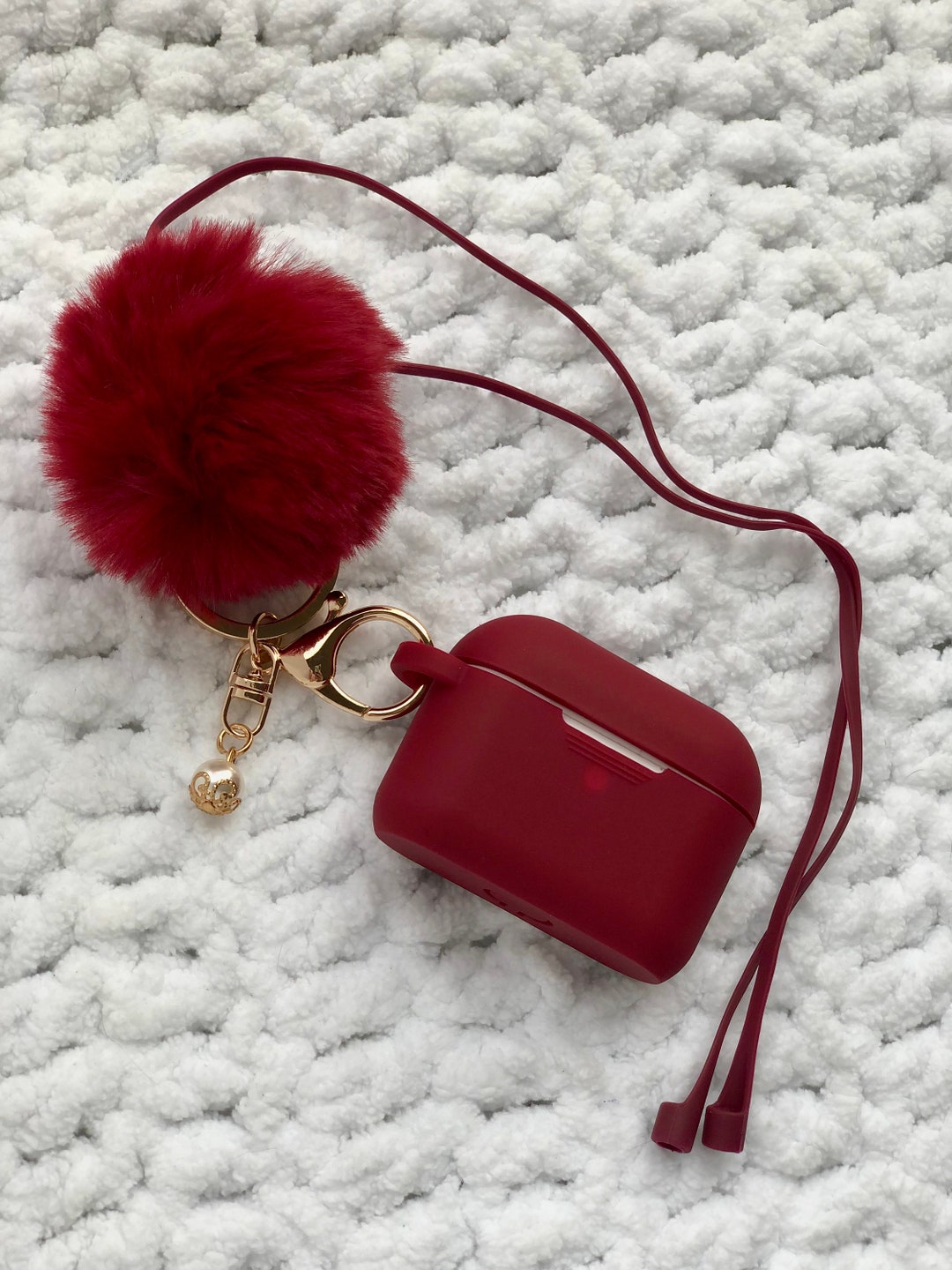 Cute Silicone Ruby Red Protective Airpods Case With Fur Ball Pom Pom ...