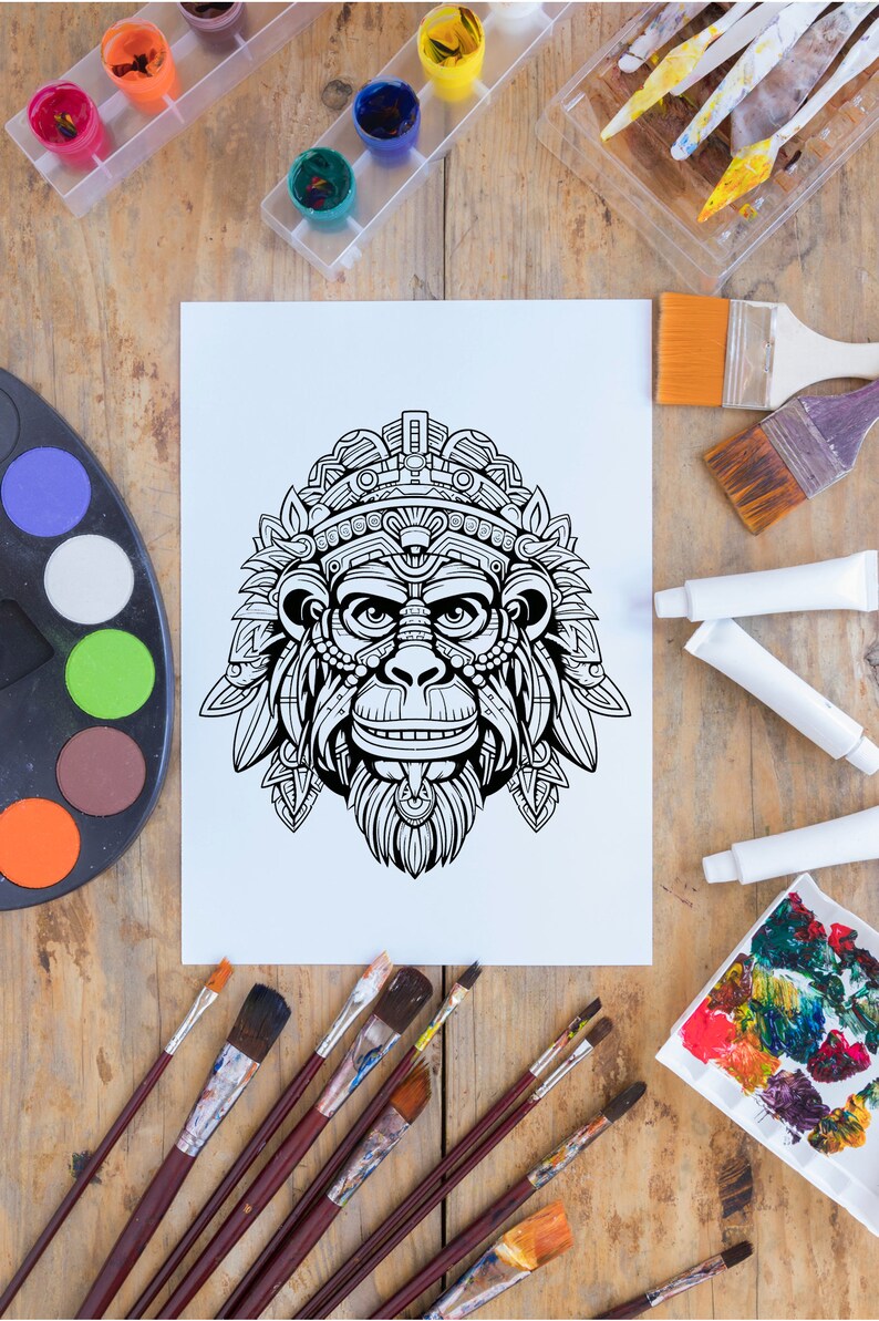 Monkey Aztec | Coloring Page | Printable Adult Kids | Instant Download ...